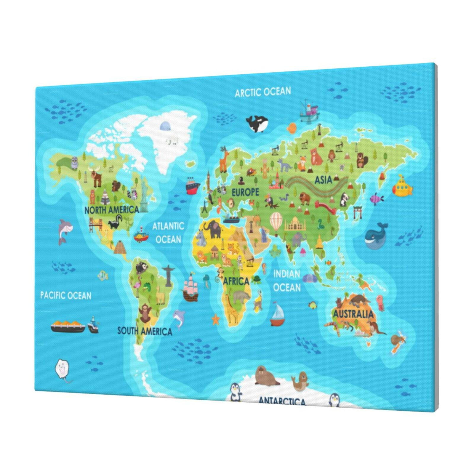 Fuzoiu World Map With Animals Landmarks Print Canvas Wall Decorative ...
