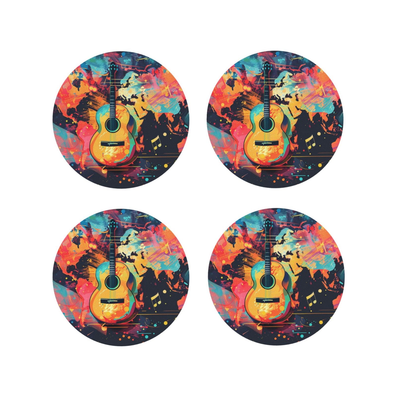 Fuzoiu World Map Guitar Illustration Print Leather Coasters Set,Drink ...