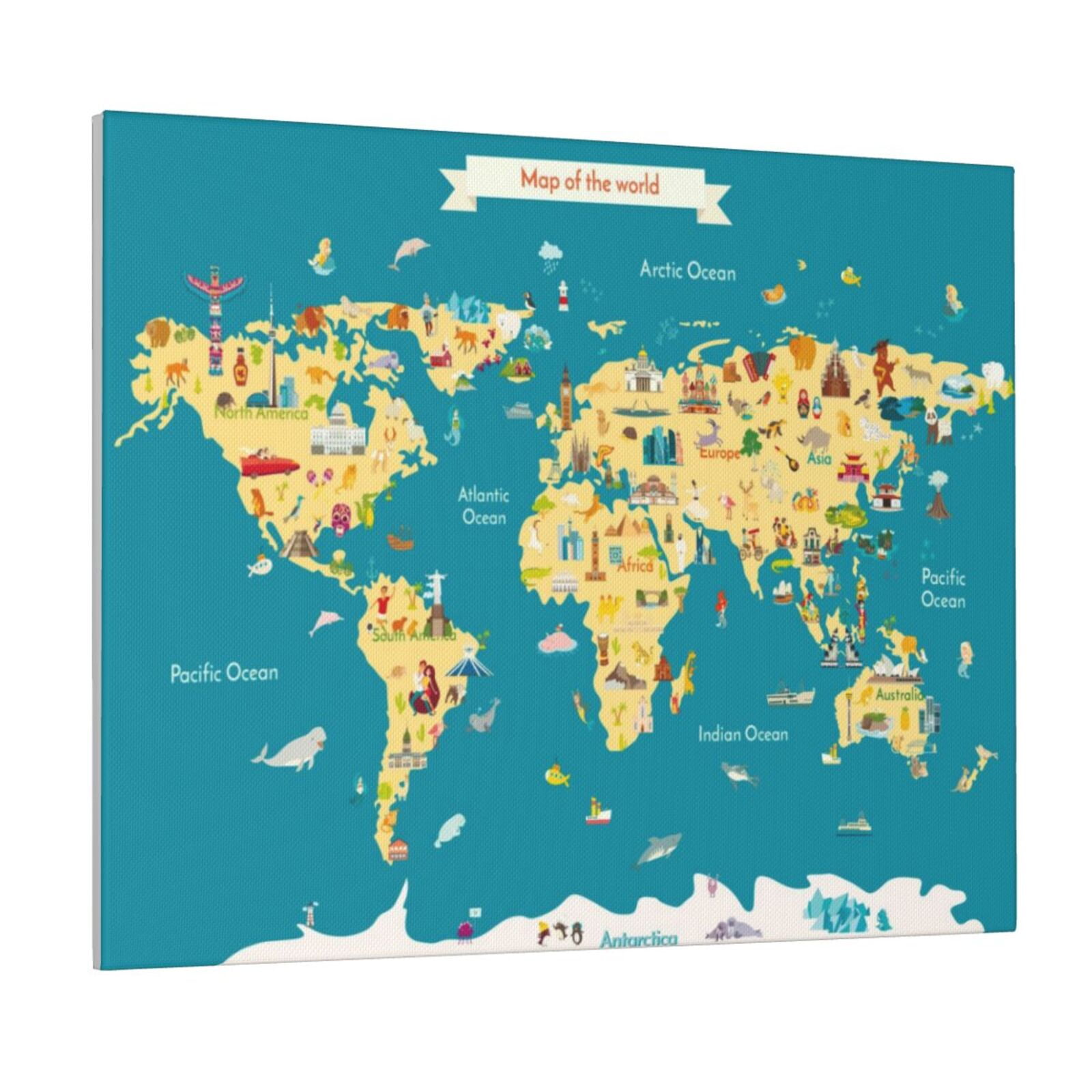 Fuzoiu World Map With Landmarks Print Canvas Wall Art for Bathrooms,Wall Decor for Bedroom ...