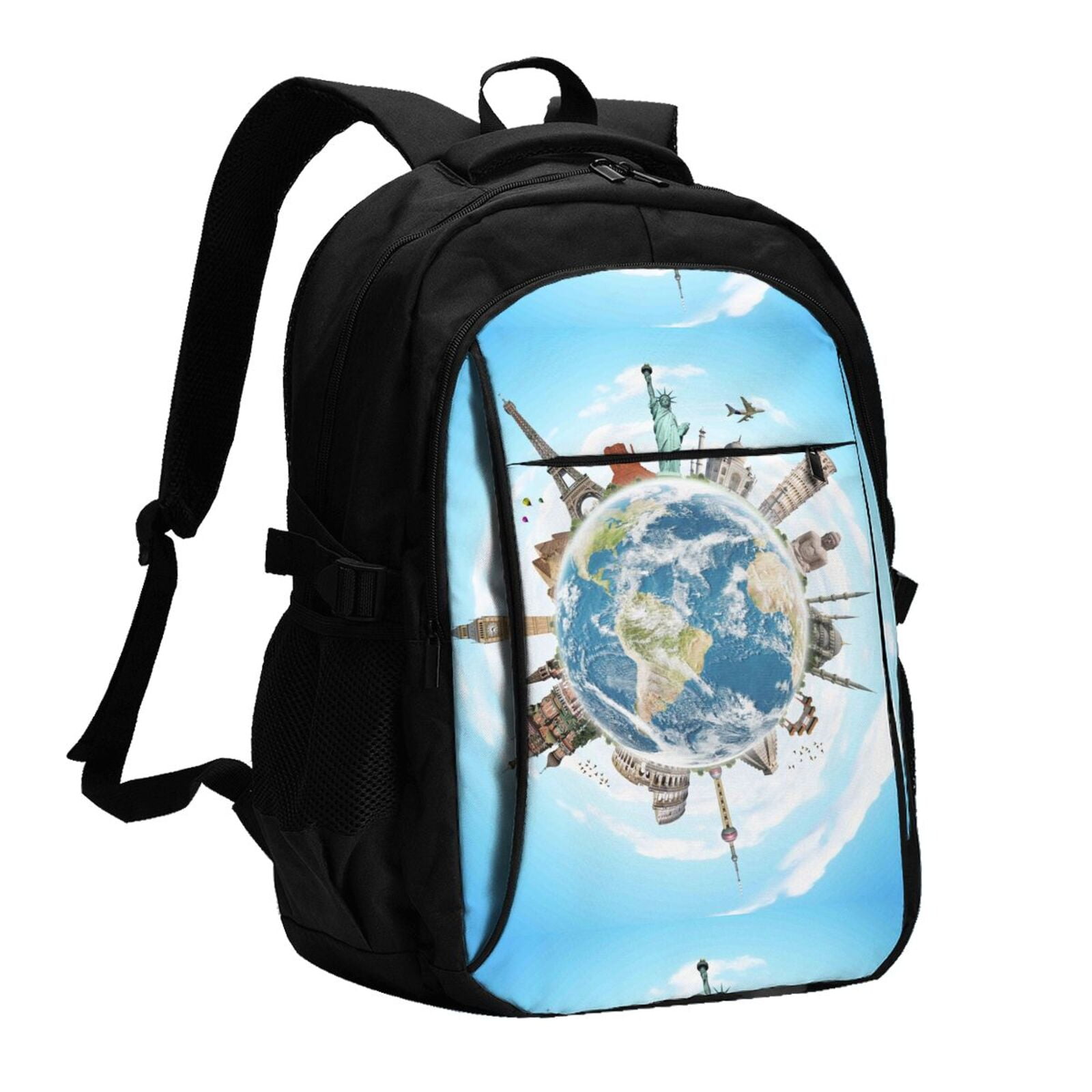 Fuzoiu World Travel Print USB Backpack with Charging Port,Laptop ...