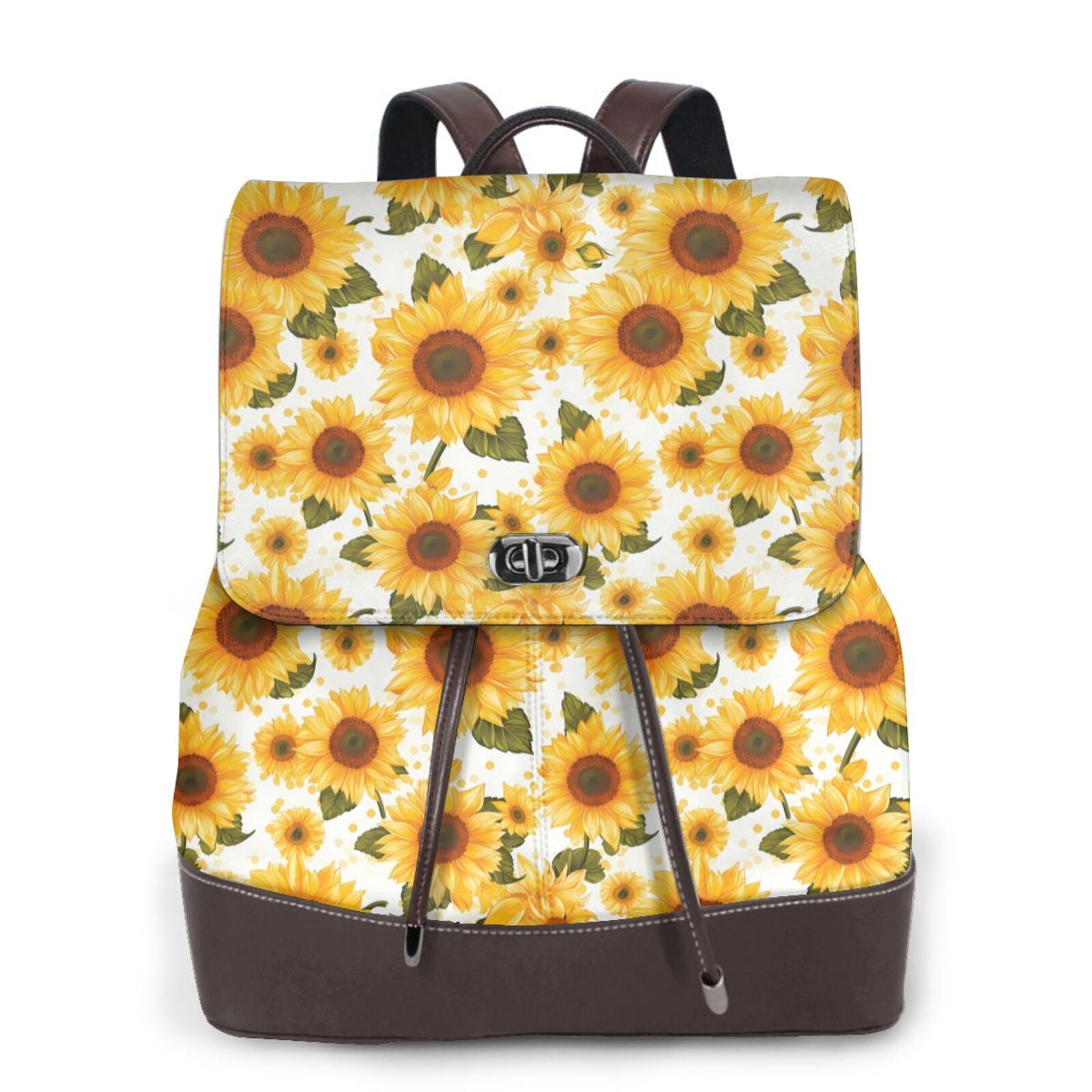 Fuzoiu Yellow Polka Dot Sunflower Print Women's Leather Backpack ...