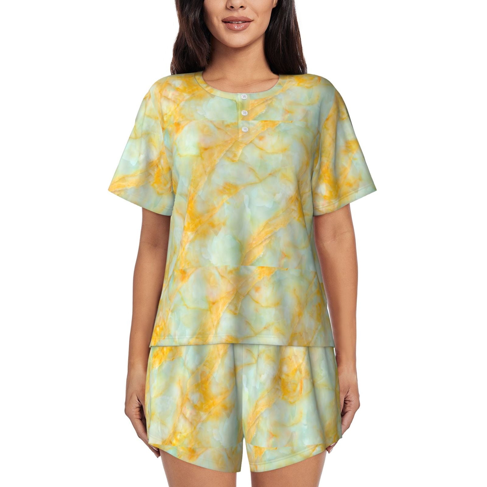 Fuzoiu Yellow With Teal Marble Print Women's Short-Sleeved Pajama Set ...