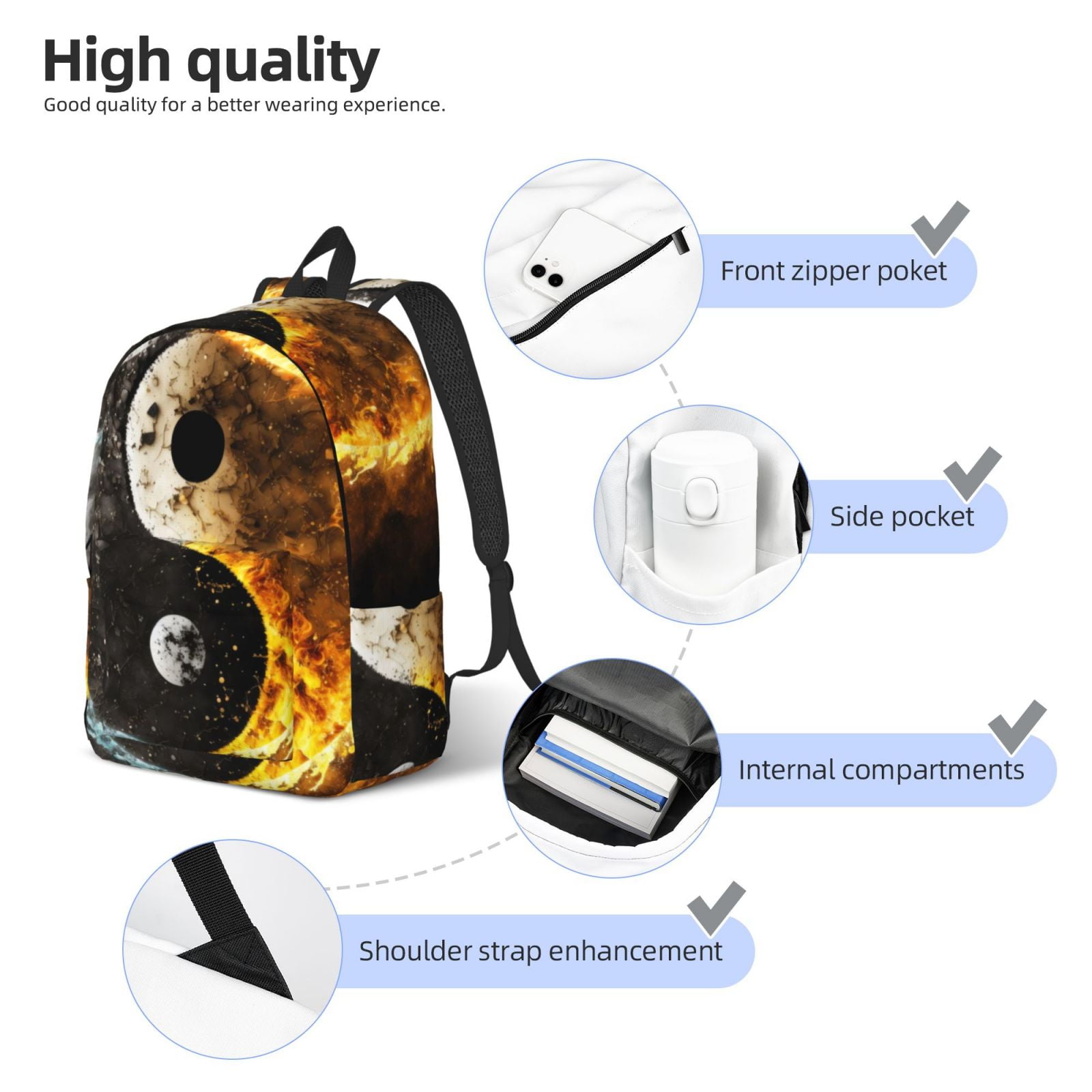 Fuzoiu Yin Yang Print Canvas Backpack,Lightweight Travel Daypack,School ...