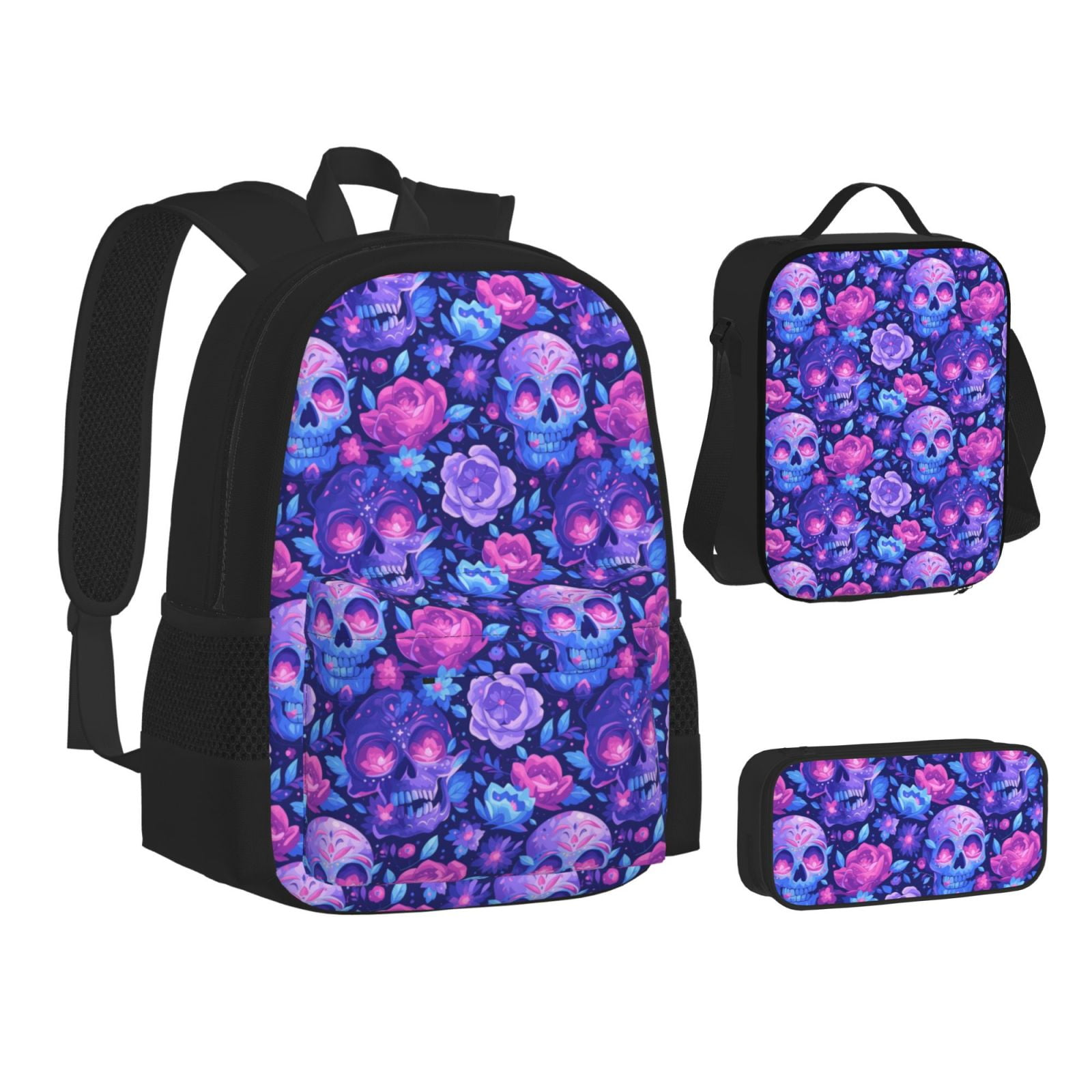 Fuzoiu blue Skull purple flower1 Print 3-Piece School Bag Set ...