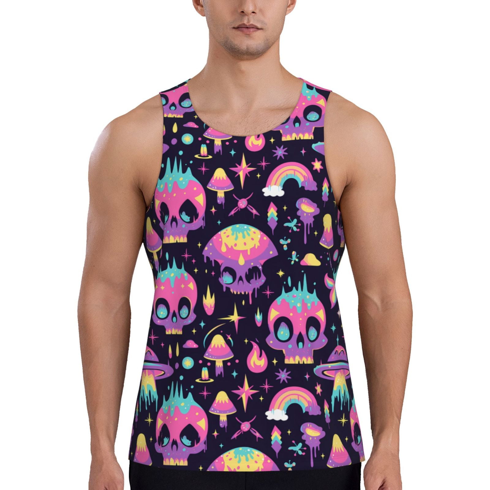 Fuzoiu cartoon Skull rainbow space Print Men's Workout Tank Tops ...