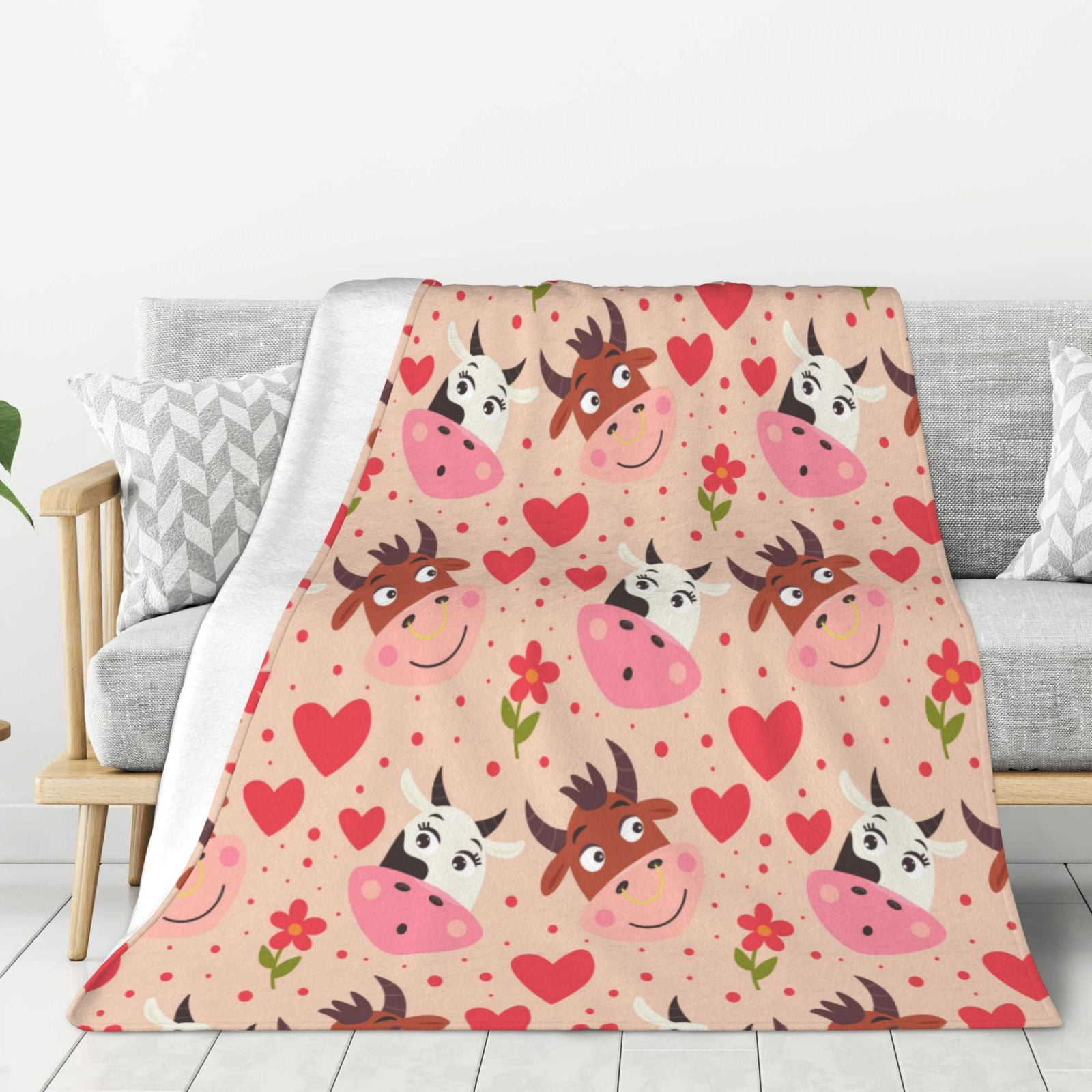 Fuzoiu cow bull with flower and heart Print Flannel Throw Blanket,Light Weight Warm Decorative ...