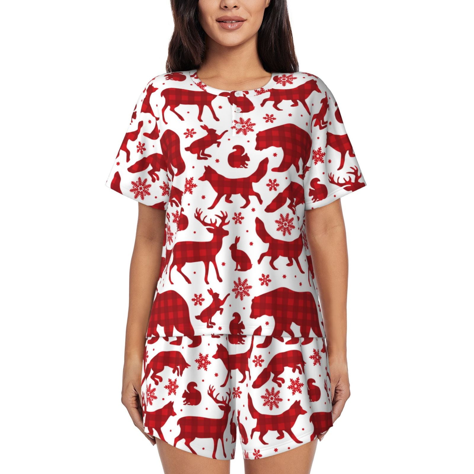 Fuzoiu red plaid Moose Bunny bear Print Women's Short-Sleeved Pajama ...