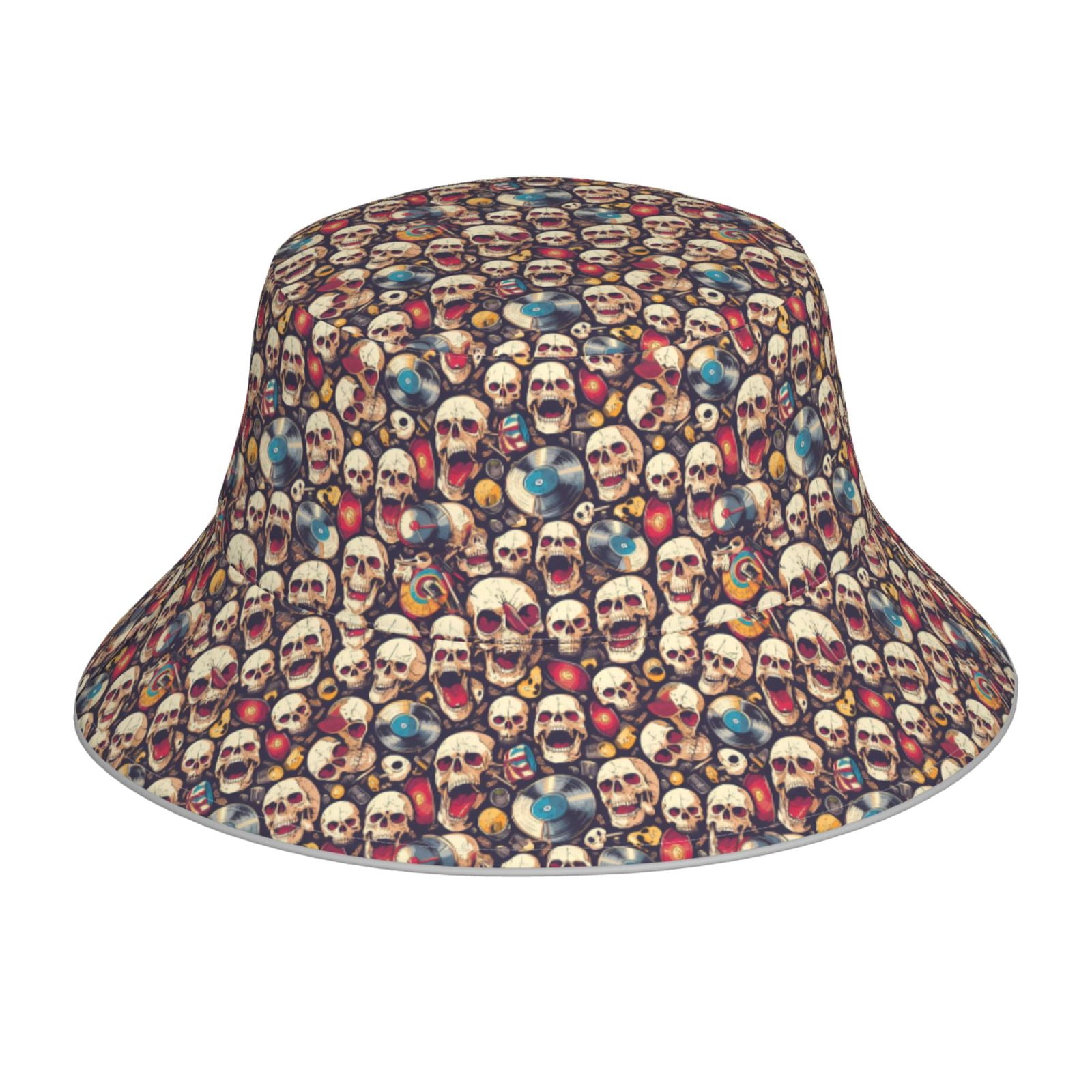 Fuzoiu rock record music Skull Print Reflective Bucket Hat,Outdoor Hat ...