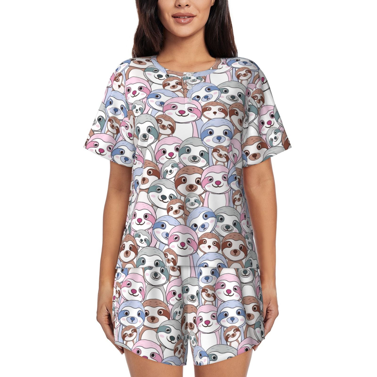 Fuzoiu sloth cartoon Print Women's Short-Sleeved Pajama Set,Lounge ...