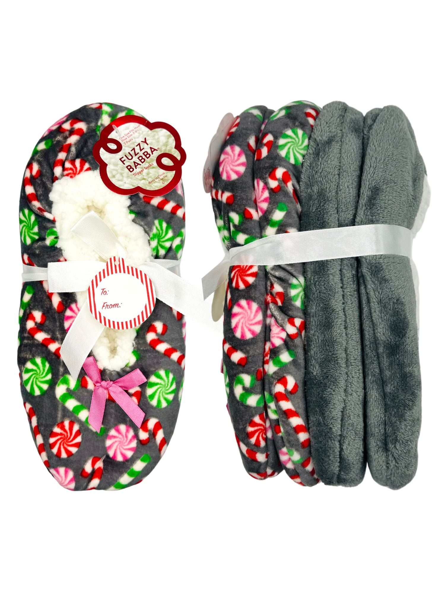 Fuzzy Babba, Women's Holiday Candy Cane Slipper Socks, 2-Pack, Size 7-9 ...