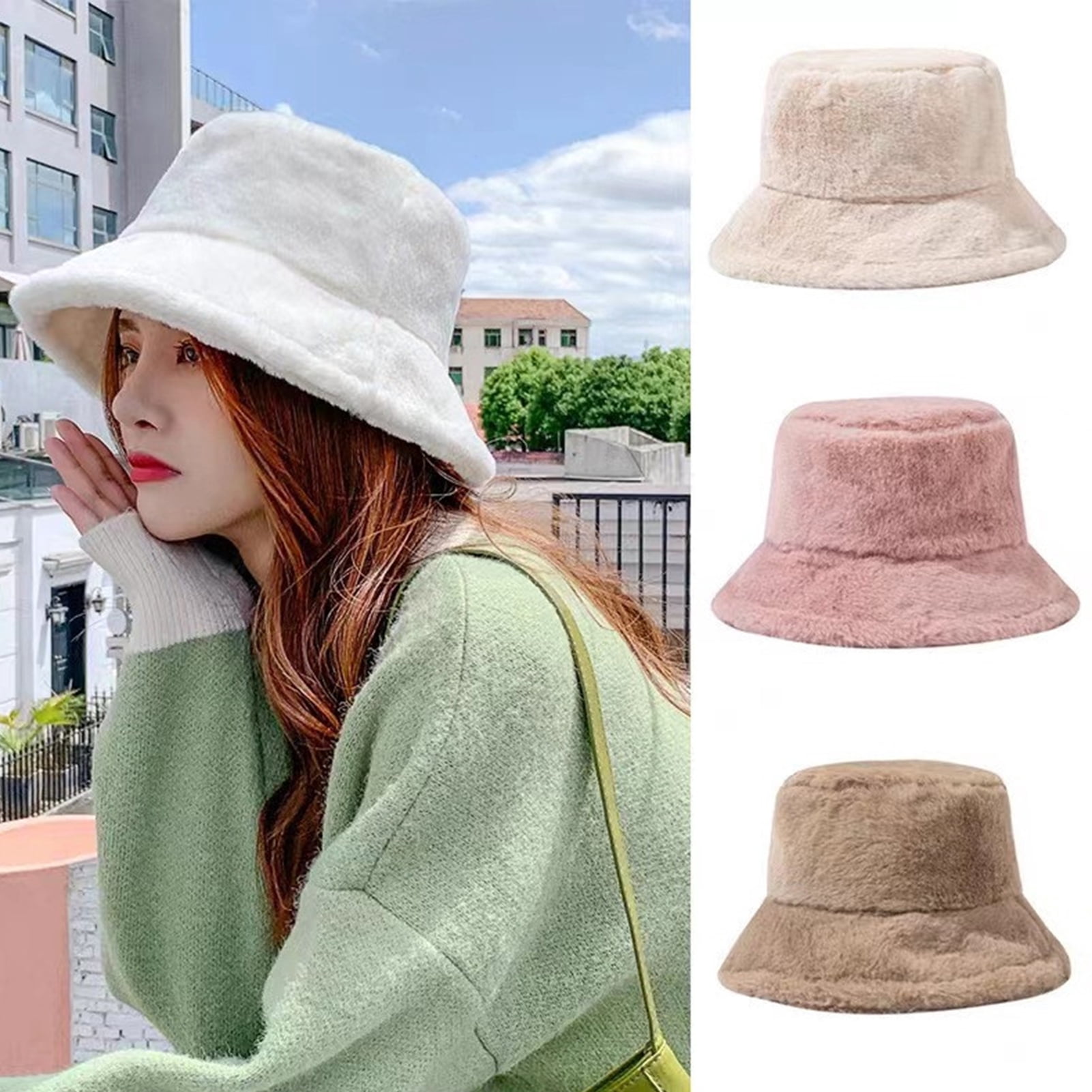 Fuzzy Bucket Hat for Women Flat Top Bucket Hat Winter Warm Plush ...
