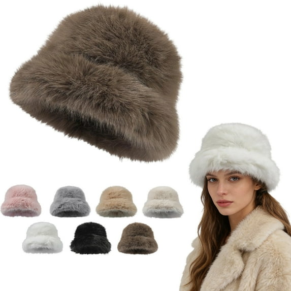 Fuzzy Bucket Hat for Women Winter Wide Brim Fur Plush Warm Fisherman ...