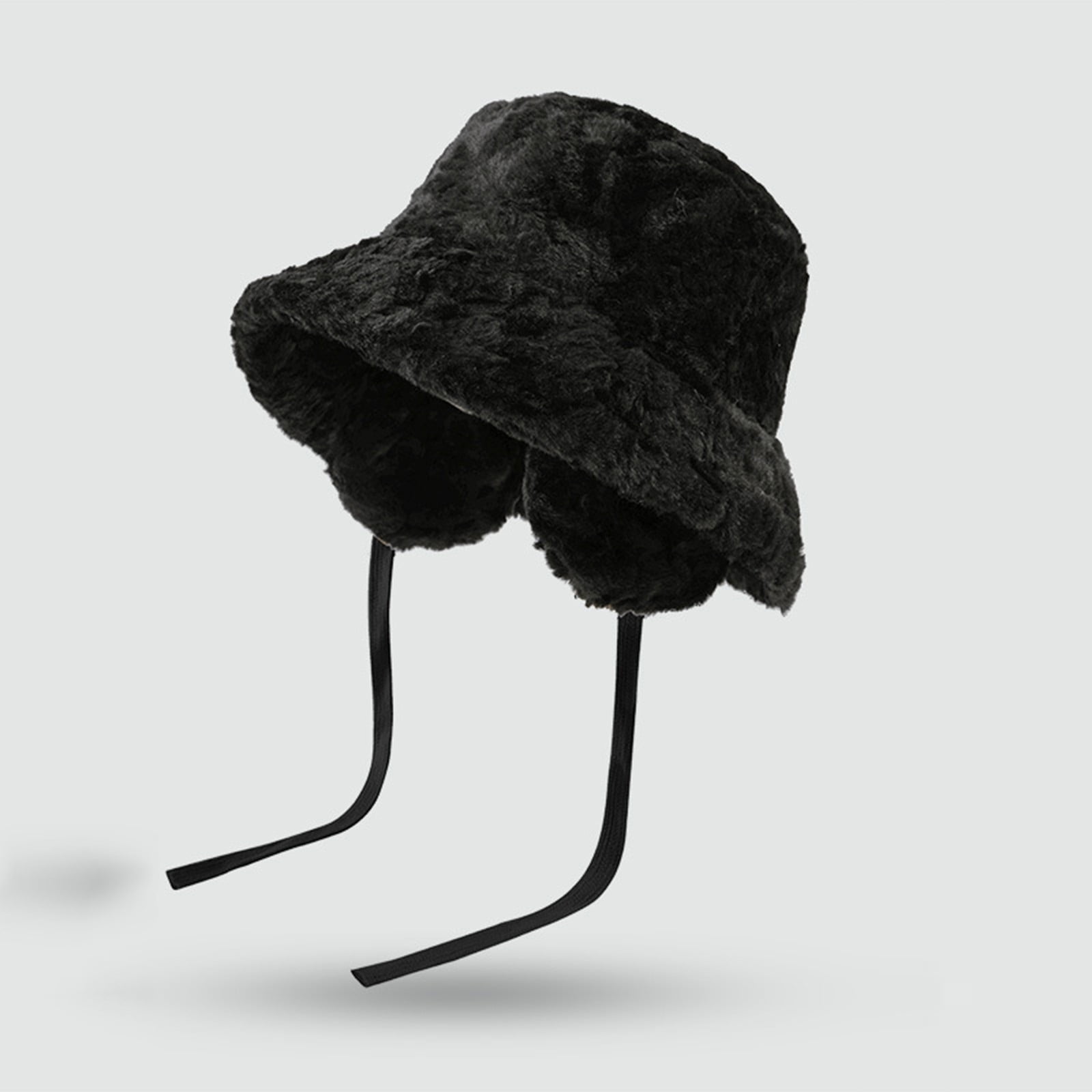 Fuzzy Bucket Hat for Women with Ear Flaps & Drawstring, Winter Fur Soft ...