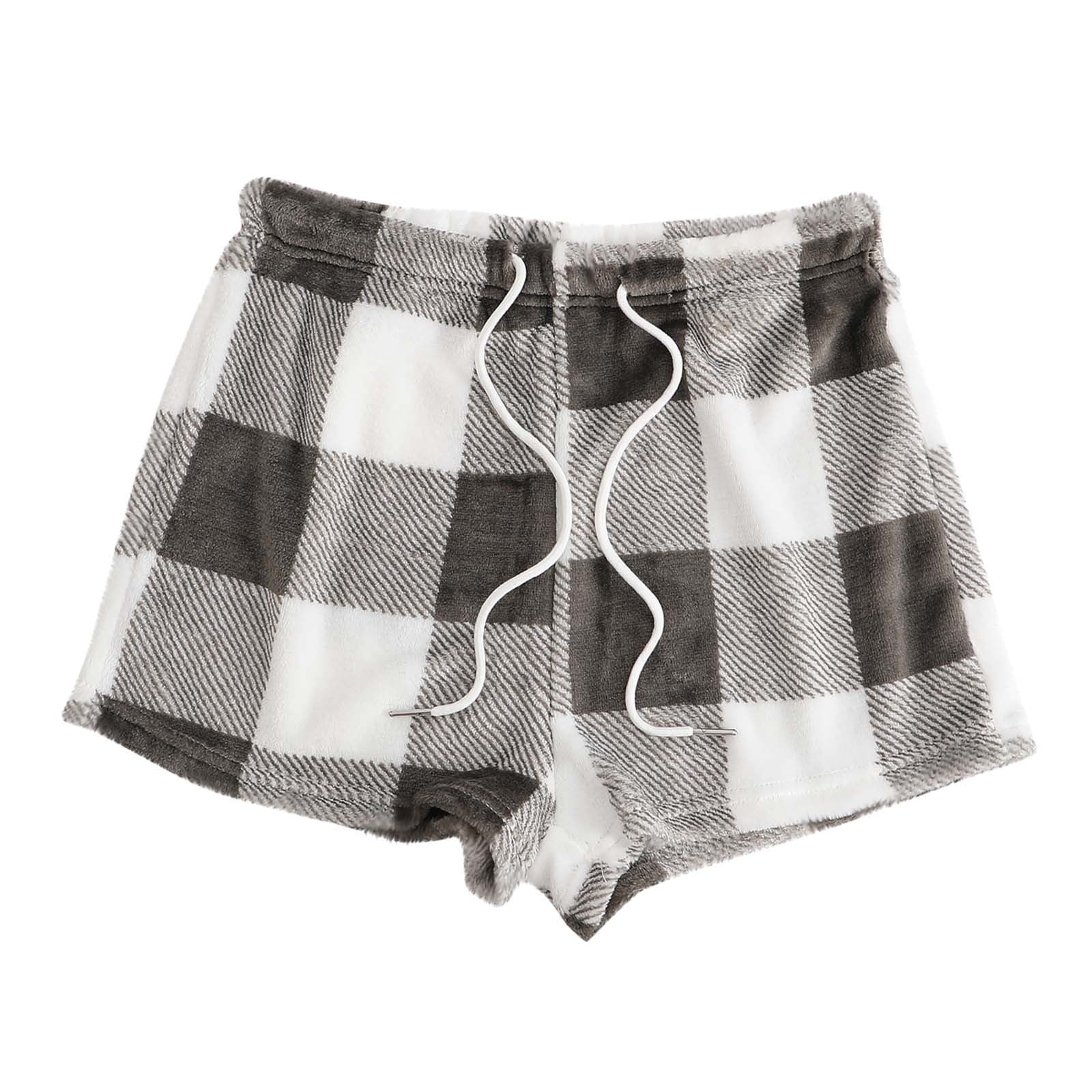 Fuzzy Buffalo Plaid Pajama Shorts for Women Drawstring Elastic Waist ...