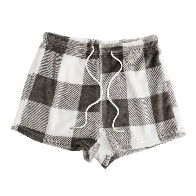 Fuzzy Buffalo Plaid Pajama Shorts for Women Drawstring Elastic Waist ...