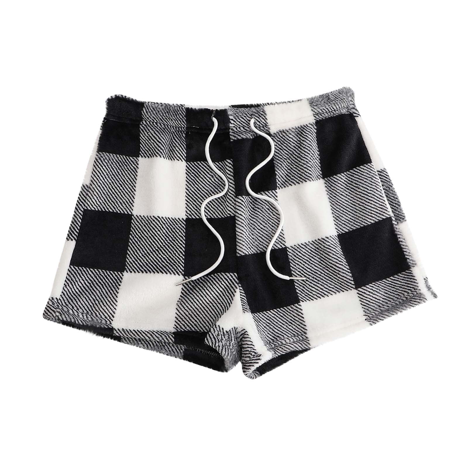 Fuzzy Buffalo Plaid Pajama Shorts for Women Winter Soft Drawstring Comfy Elastic Waist Lounge Pj ...