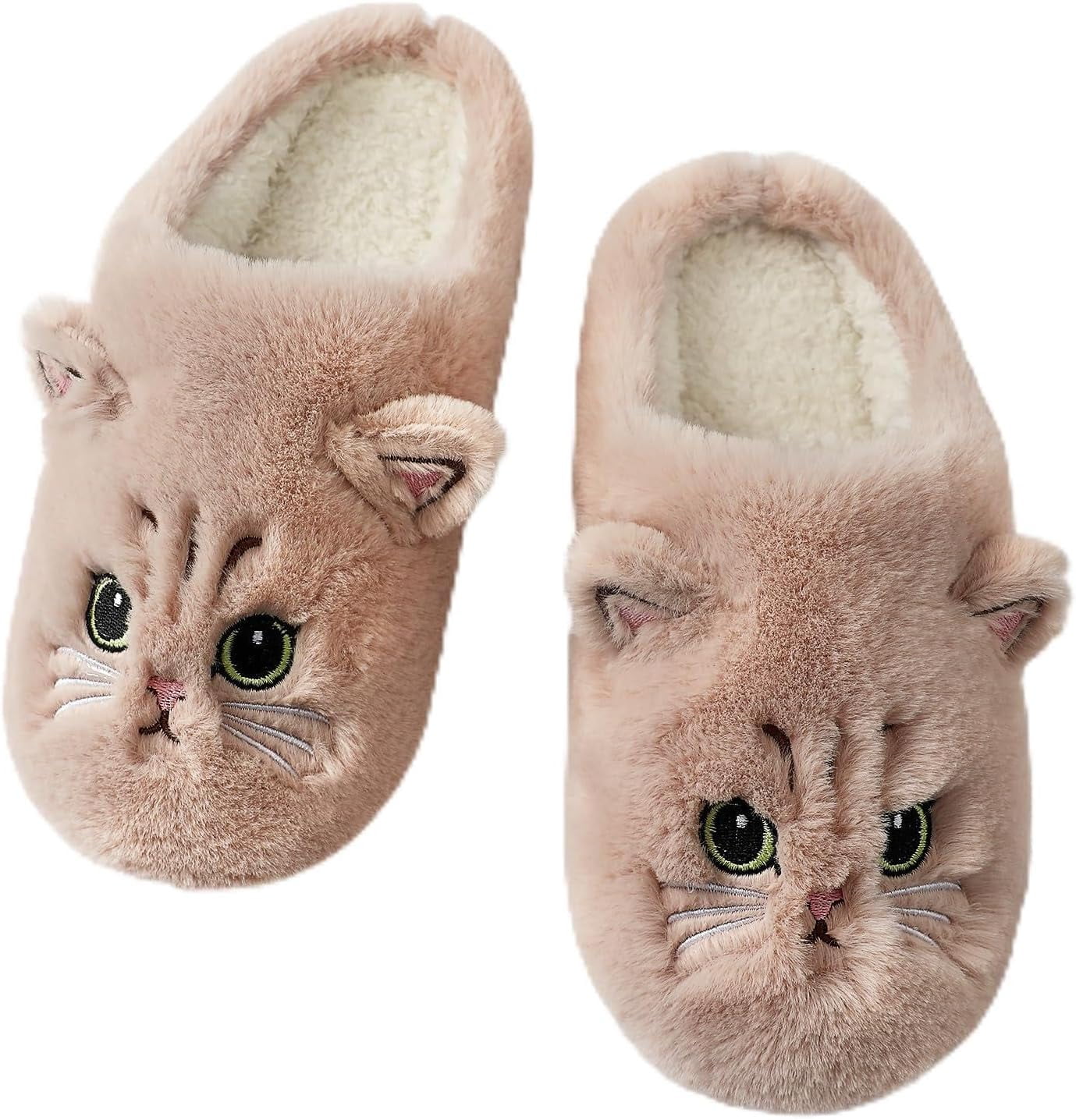 Fuzzy Cat Slippers for Womens Soft Warm House Animal Slides Indoor ...