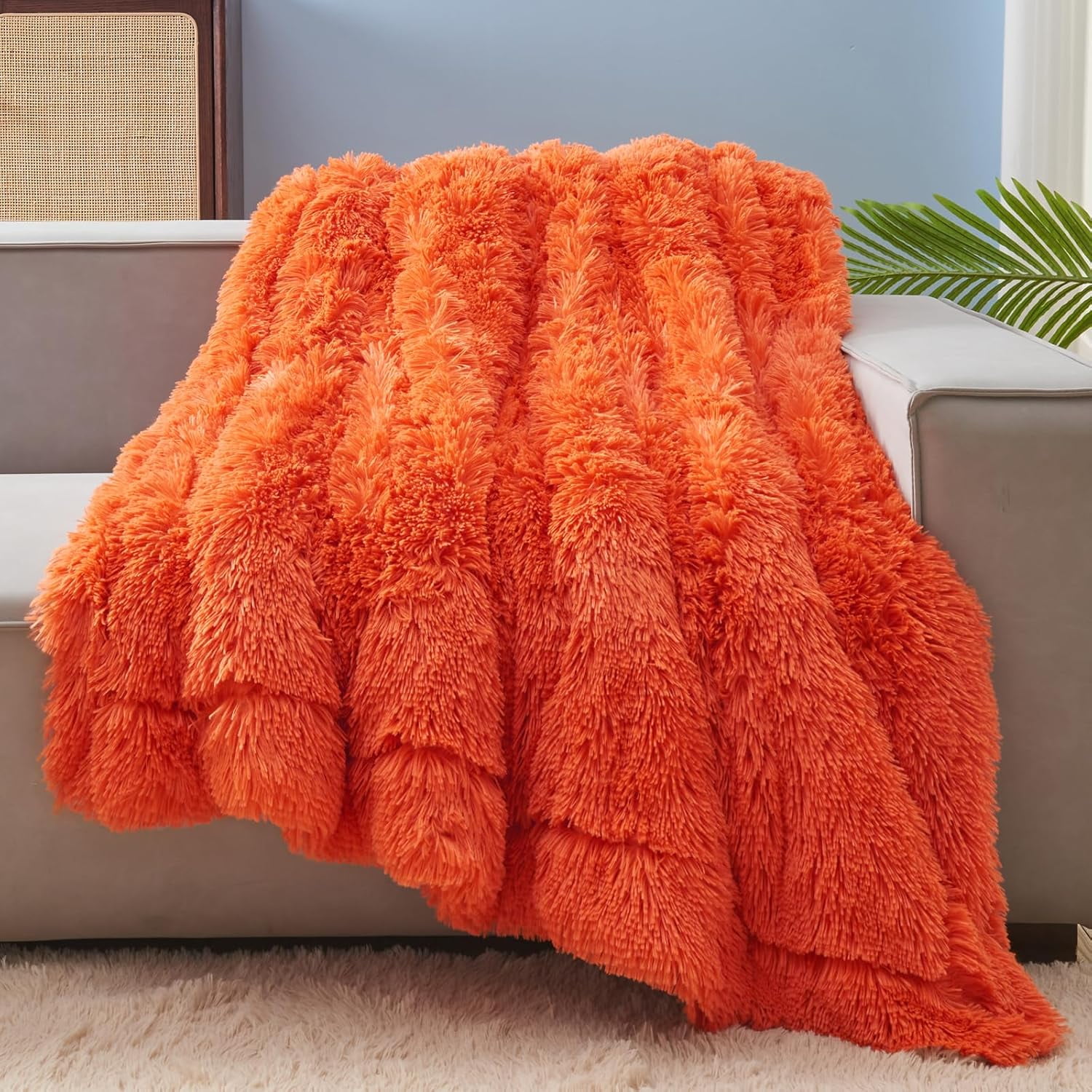 Fuzzy Faux Fur Throw Blanket Twin Size Orange Super Soft Cozy Plush ...