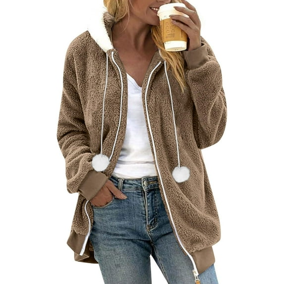 Fuzzy Fleece Jacket Women Warm Winter Sherpa Hoodie Zip Up Oversized ...