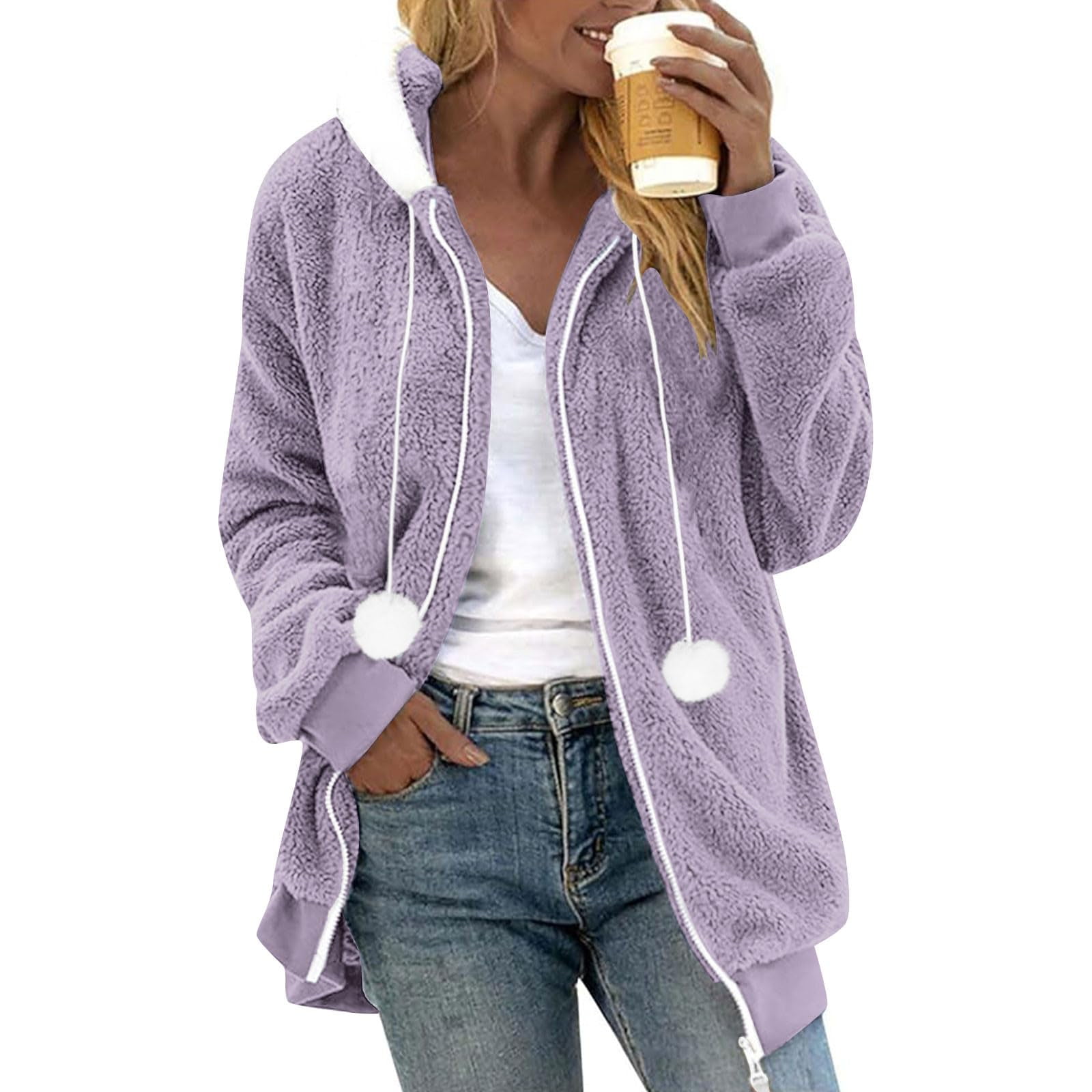 Fuzzy Fleece Jacket Women Warm Winter Sherpa Hoodie Zip Up Oversized ...