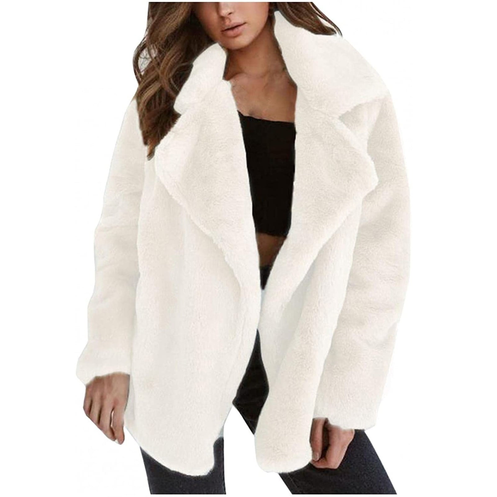 Fuzzy Fleece Jacket Women Winter Warm Thick Sherpa Lapel Cardigan Coat ...
