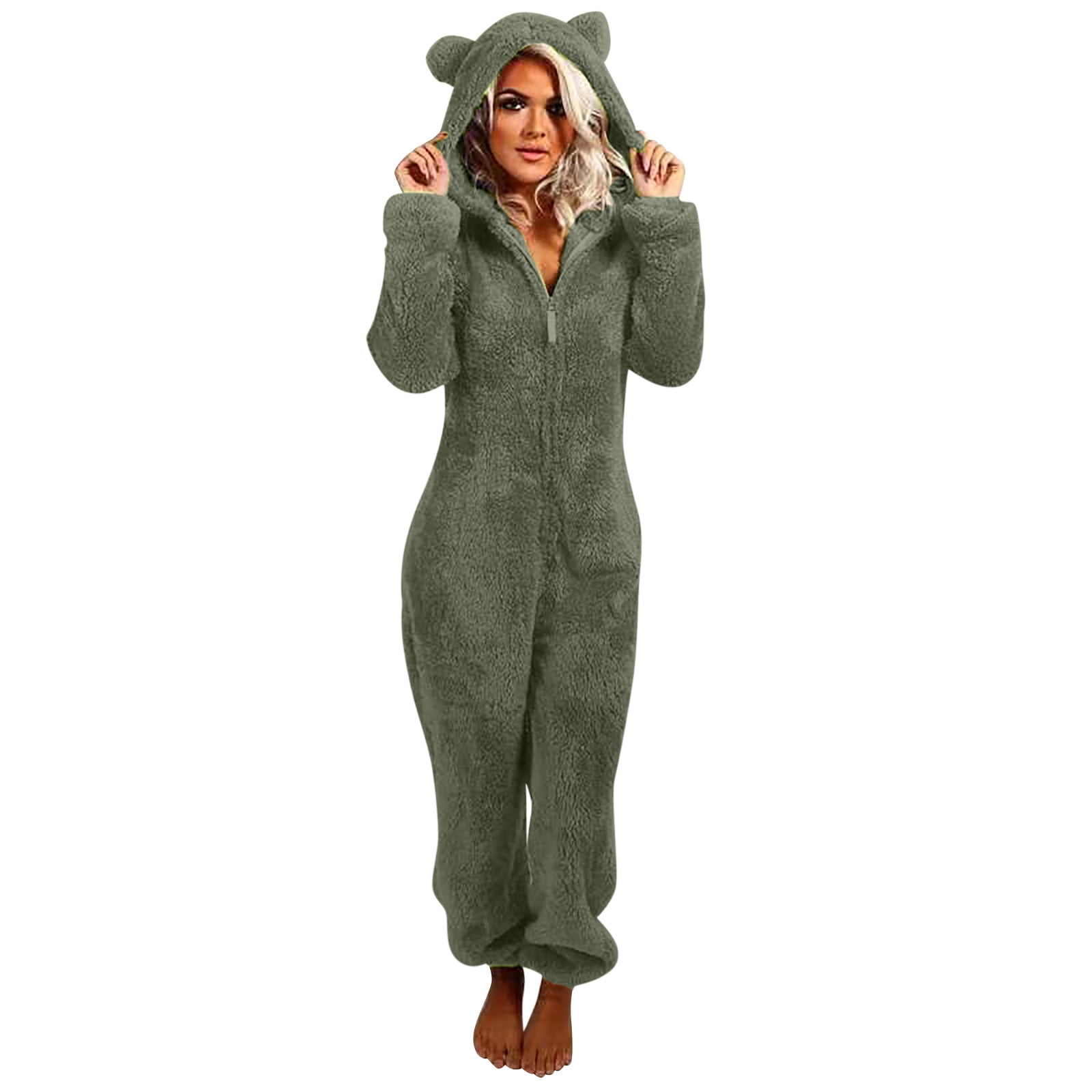Fuzzy Fleece Onesies Pajamas Jumpsuit Women Long Sleeve Hooded Zip-up ...