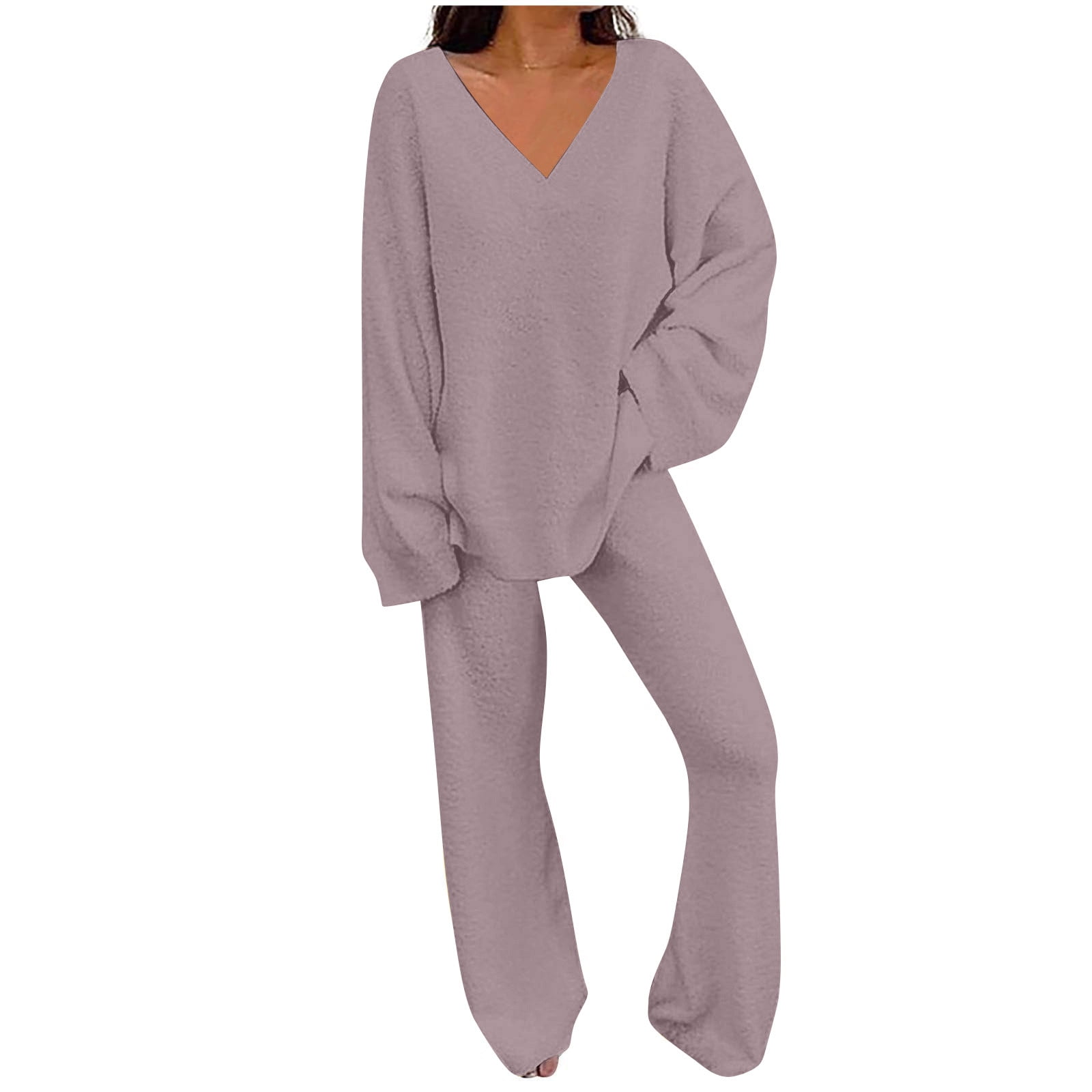 Baikeli Fuzzy Fleece Outfits for Women Solid Pajama Two Piece Outfits ...