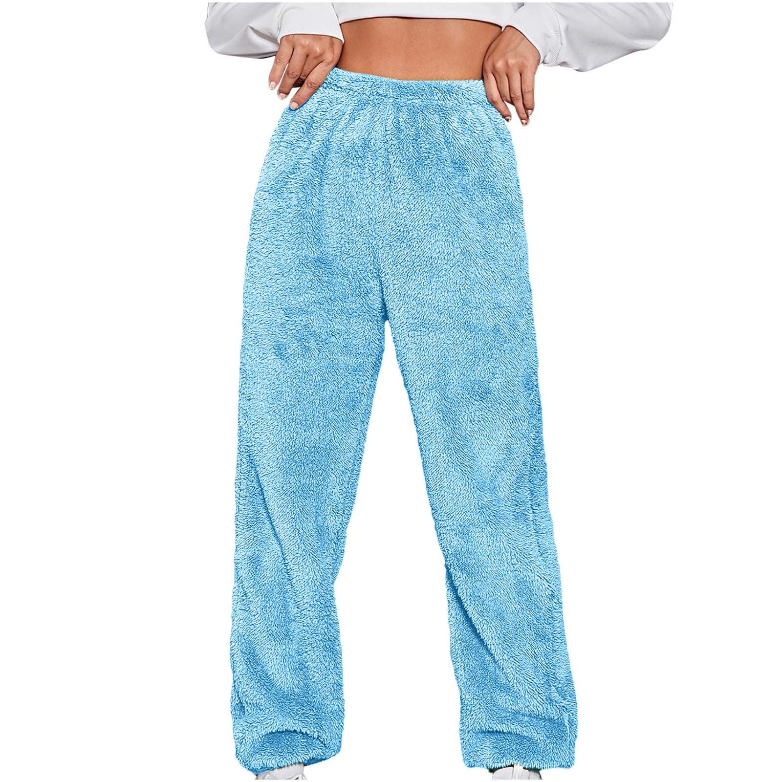 Fuzzy Fleece Pants for Women Soft Warm Faux Shearling Elastic Waist ...
