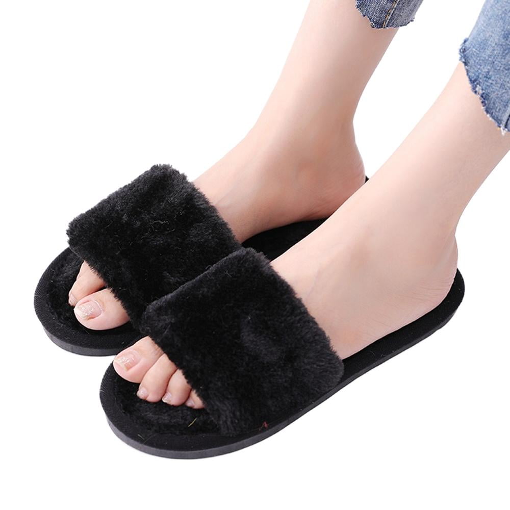 Fuzzy Fluffy Furry Slippers for Women Faux Fur Open Toe Spa Cozy Ladies Slippers Memory Foam ...