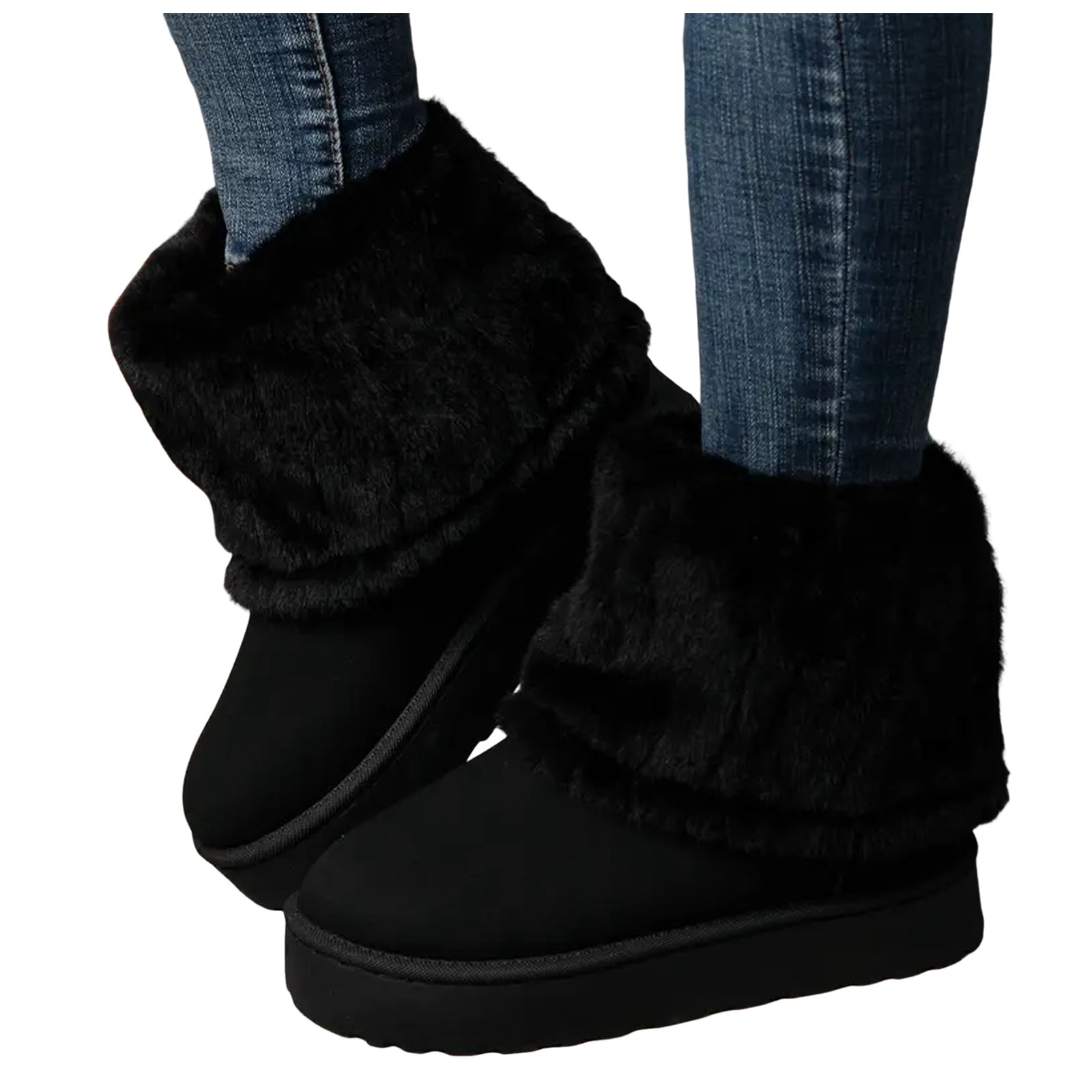 Fuzzy Foldover Mid Calf Snow Boots for Women 2025 Fashion Suede Round ...
