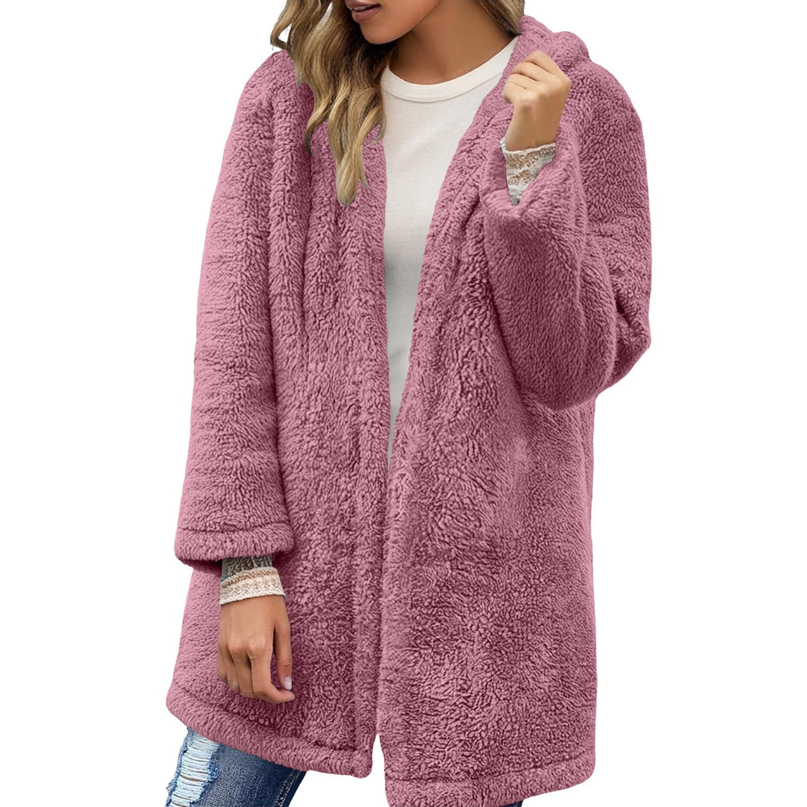 Fuzzy Jacket Women Fuzzy Fleece Jacket Open Front Hooded Cardigan ...