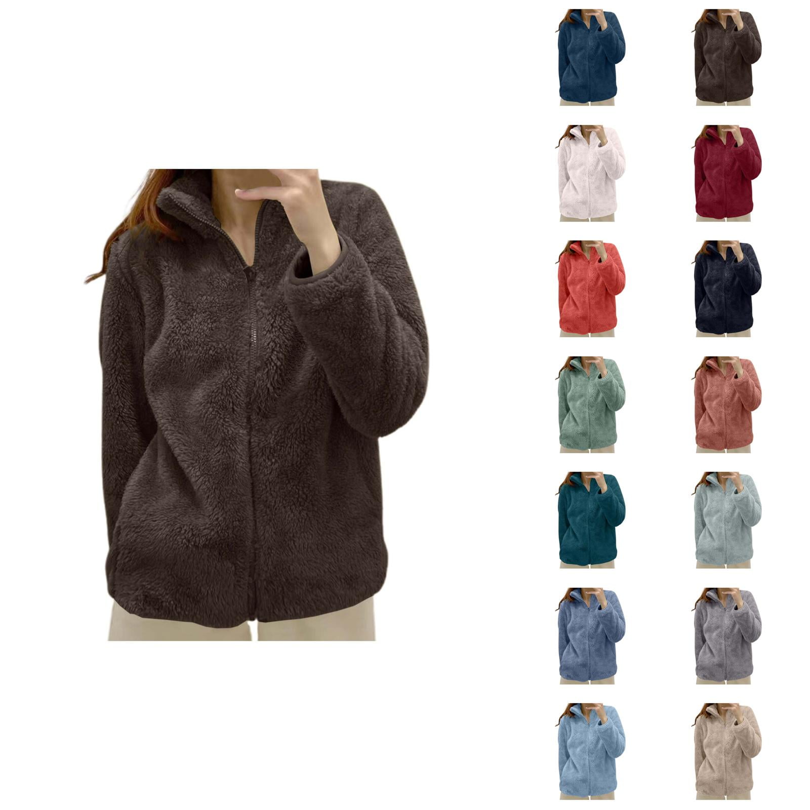 Fuzzy Jackets for Women 2026 Casual Thick Thermal Long Sleeve Stand ...