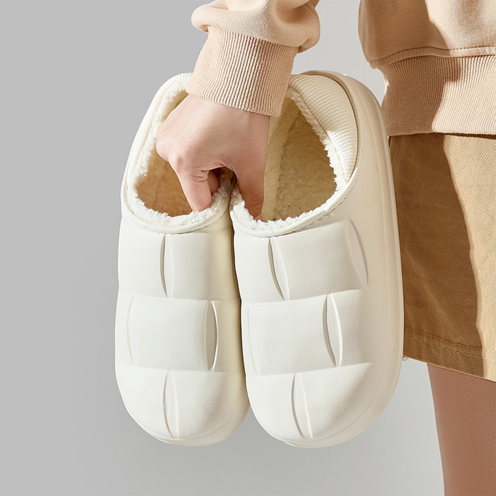 Fuzzy Lined Slippers for Women, Quilted Waterproof Upper Slip-On Shoes ...