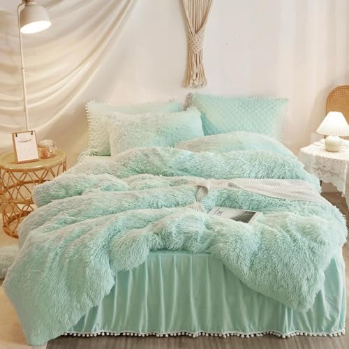 Fuzzy Mint Green Comforter Cover Queen Set, Soft Furry Plush Mint Green ...