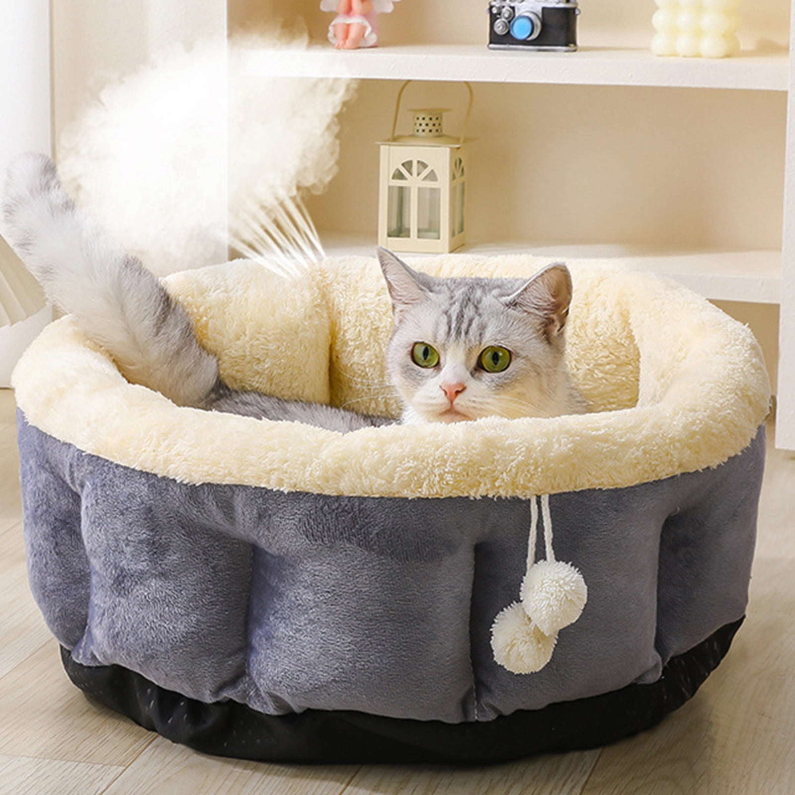 Fuzzy Pet Mattress Bed - Round Soothing Design for Dogs Cats, Warm Soft ...