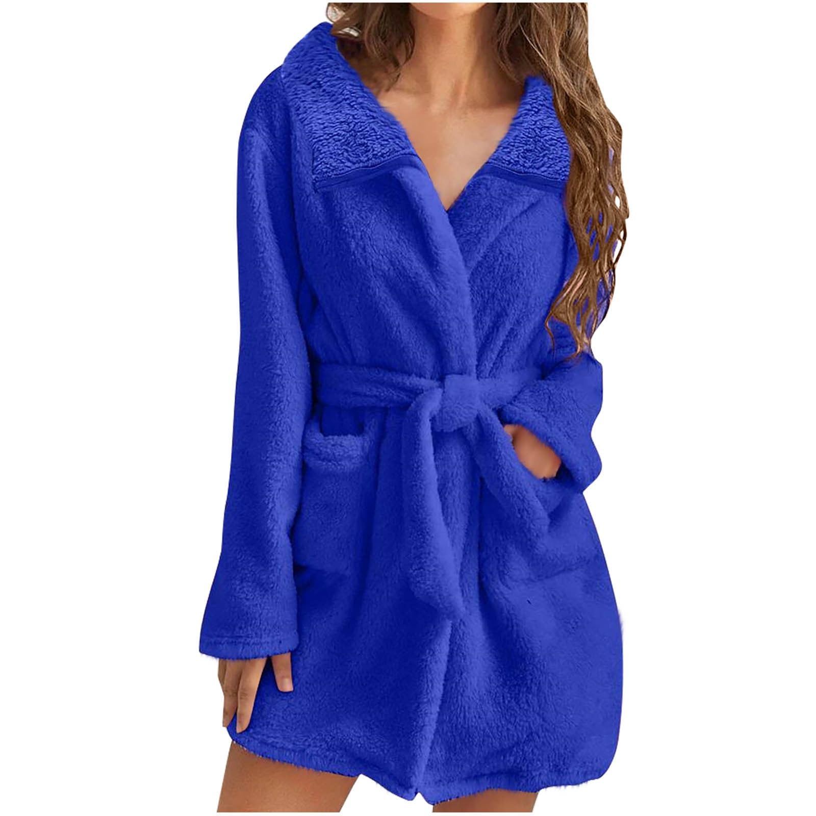 Fuzzy Robe for Women Fall Winter Mid Length Lapel Bathrobe Belted Bath ...