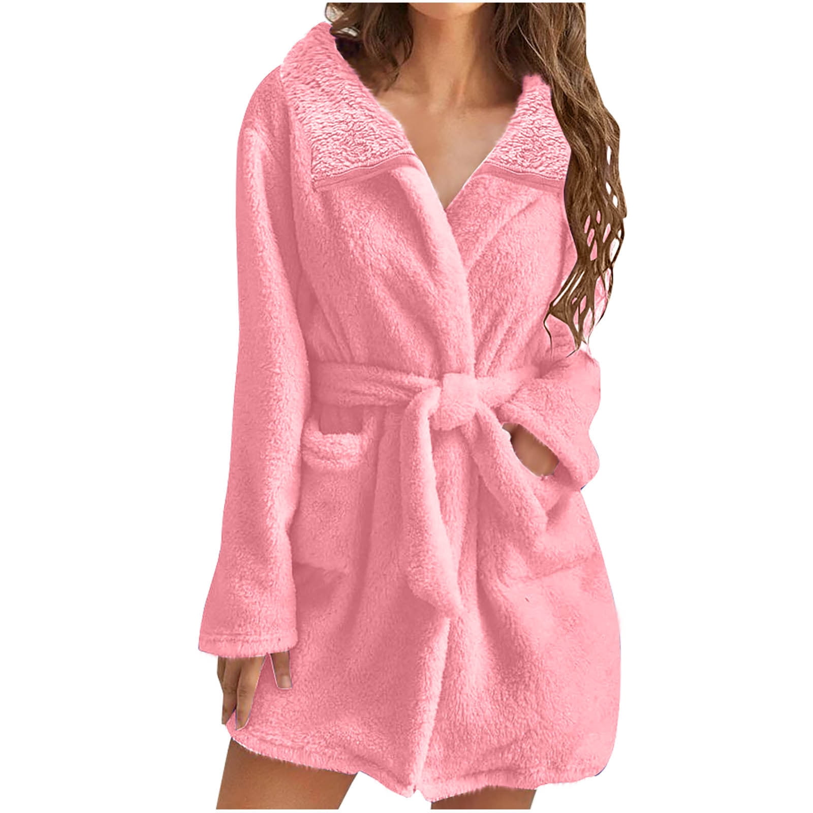 Fuzzy Robe for Women Fall Winter Mid Length Lapel Bathrobe Belted Bath ...