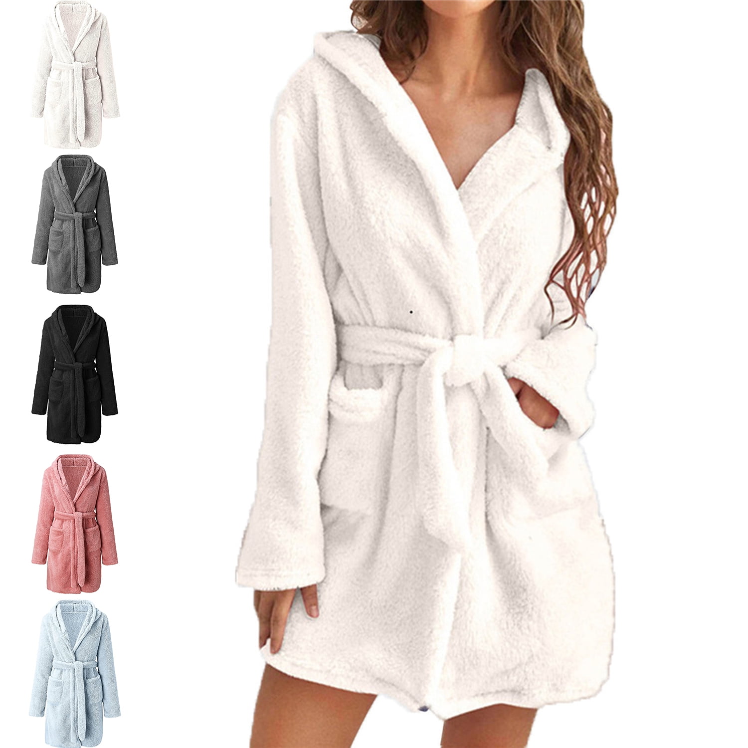 Fuzzy Robe for Women Mid Length Bathrobe Belted Solid Color Plush ...