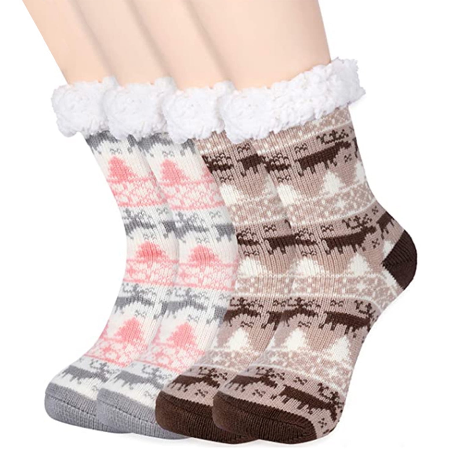 Fuzzy Slipper Socks for Women, 2 Pairs Winter Thermal Fleece Lining ...