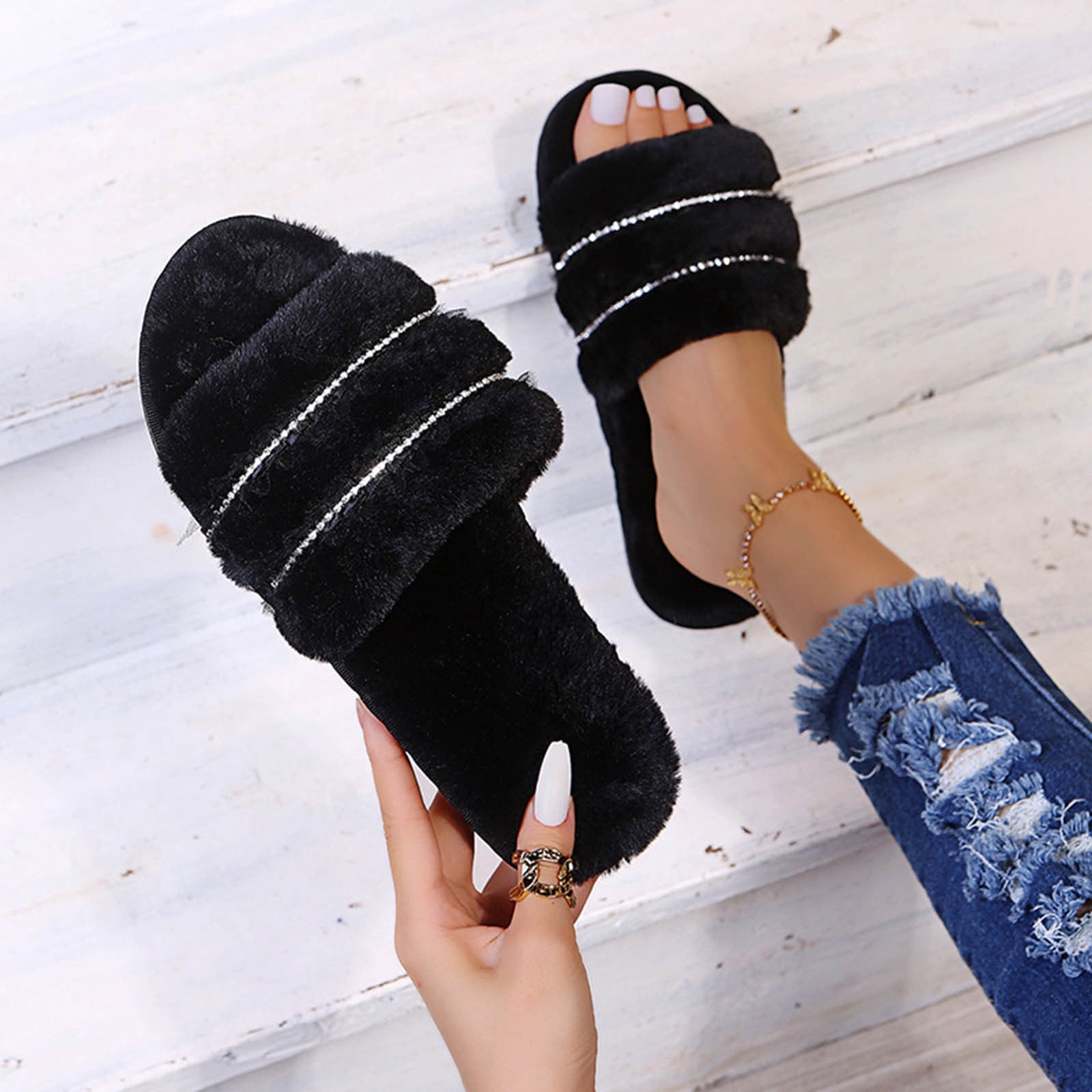 Fuzzy Slippers Women Clearance Flat Rhinestone Plush Warm House Shoes ...