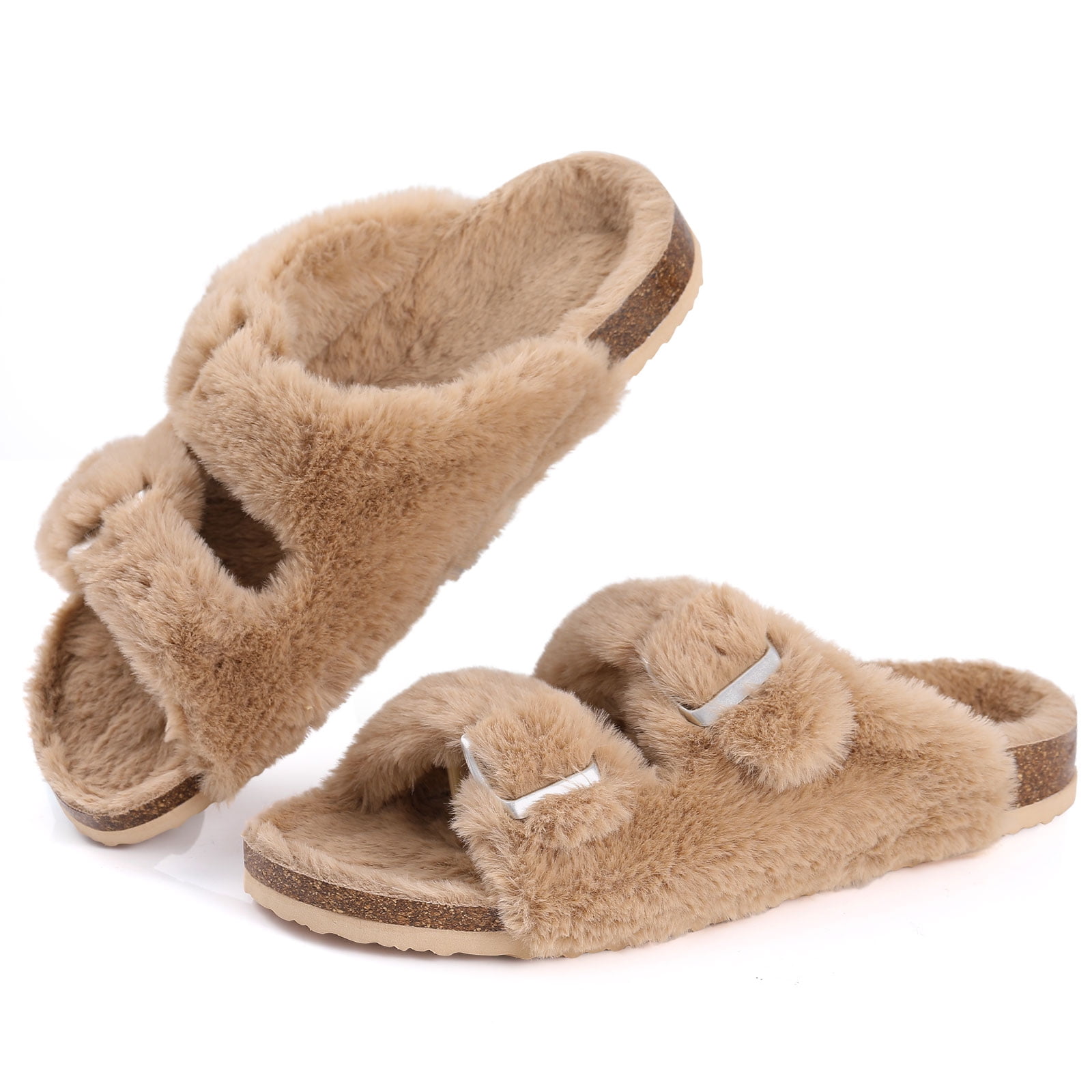 Fuzzy Slippers Women Cork Footbed Fluffy Slide Sandals Open Toe Indoor ...
