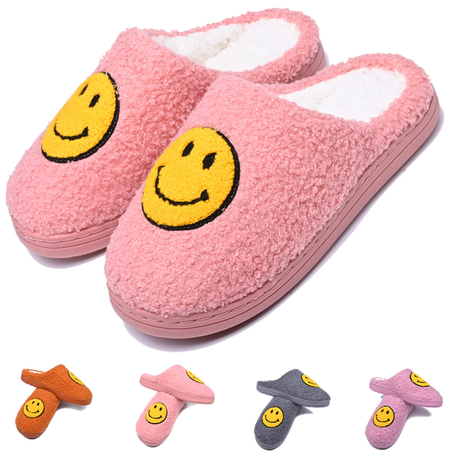Fuzzy Slippers for Women Men, Smiley Face Plush Cotton Couple Slippers ...