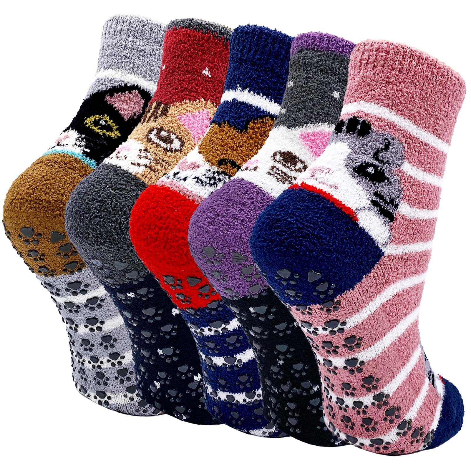 LOFIR Grip Fuzzy Socks, 5 Pairs, Winter Warm, Cute Cartoon Cat, Non ...