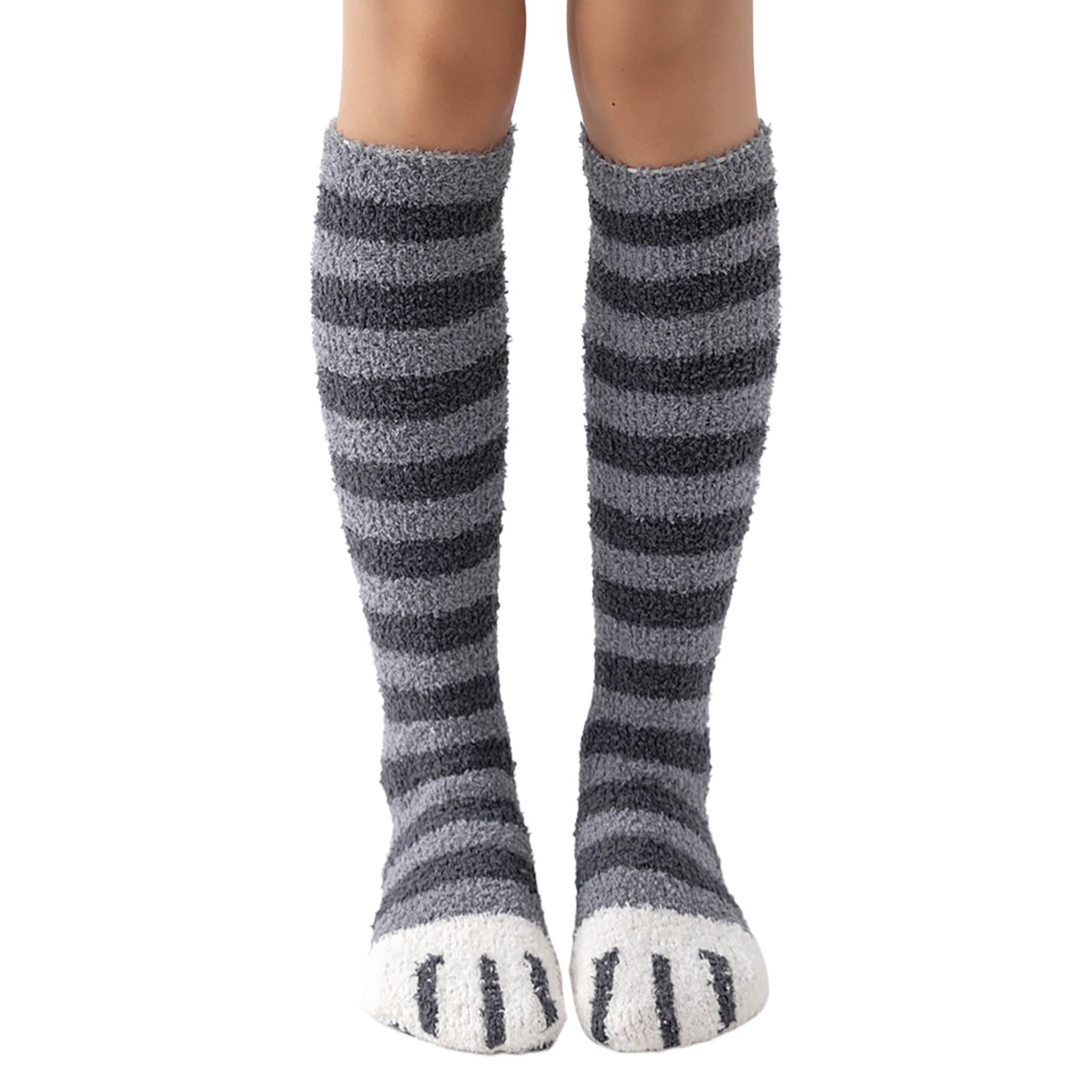 Fuzzy Socks for Women Cozy Warm Coral Fleece Knee High Socks Cat Stripe ...