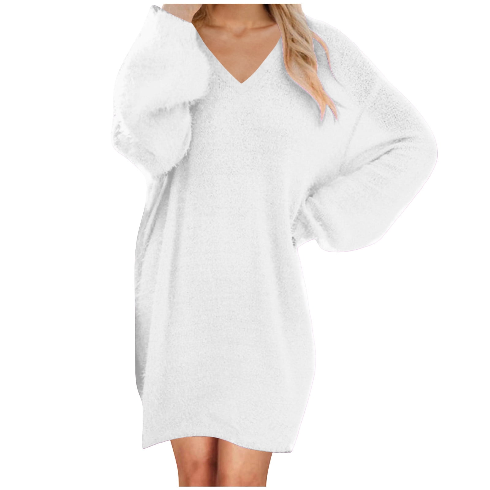 Fuzzy Soft Nightgown for Women Long Sleeve Loose V Neck Sleepwear Comfy ...