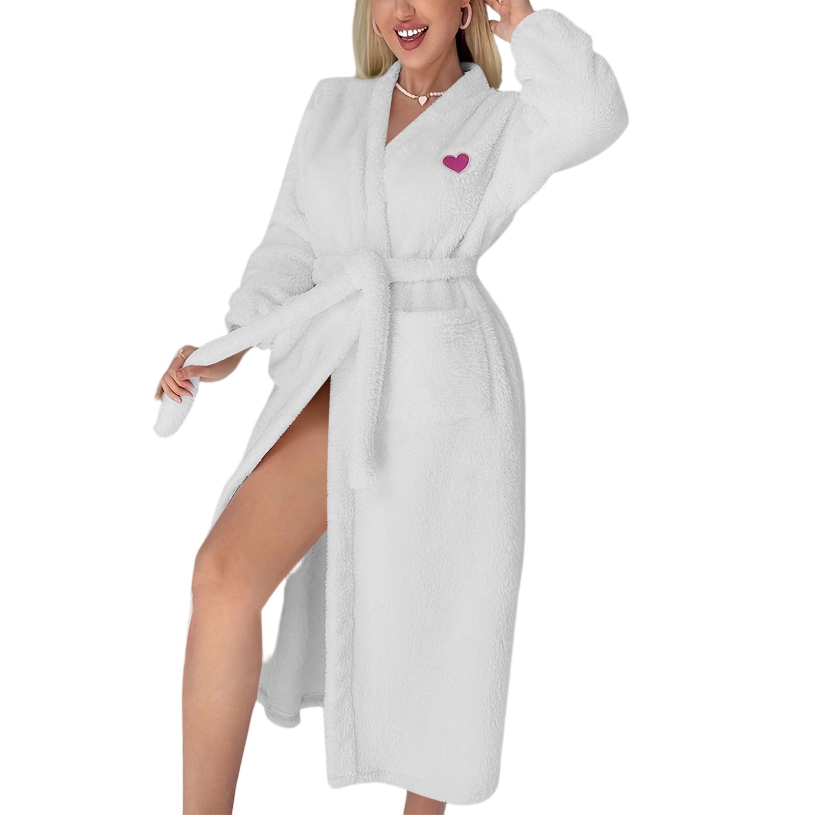 Fuzzy Soft Robes for Women Soft Cozy Long Plush Robe Heart Fluffy Warm ...