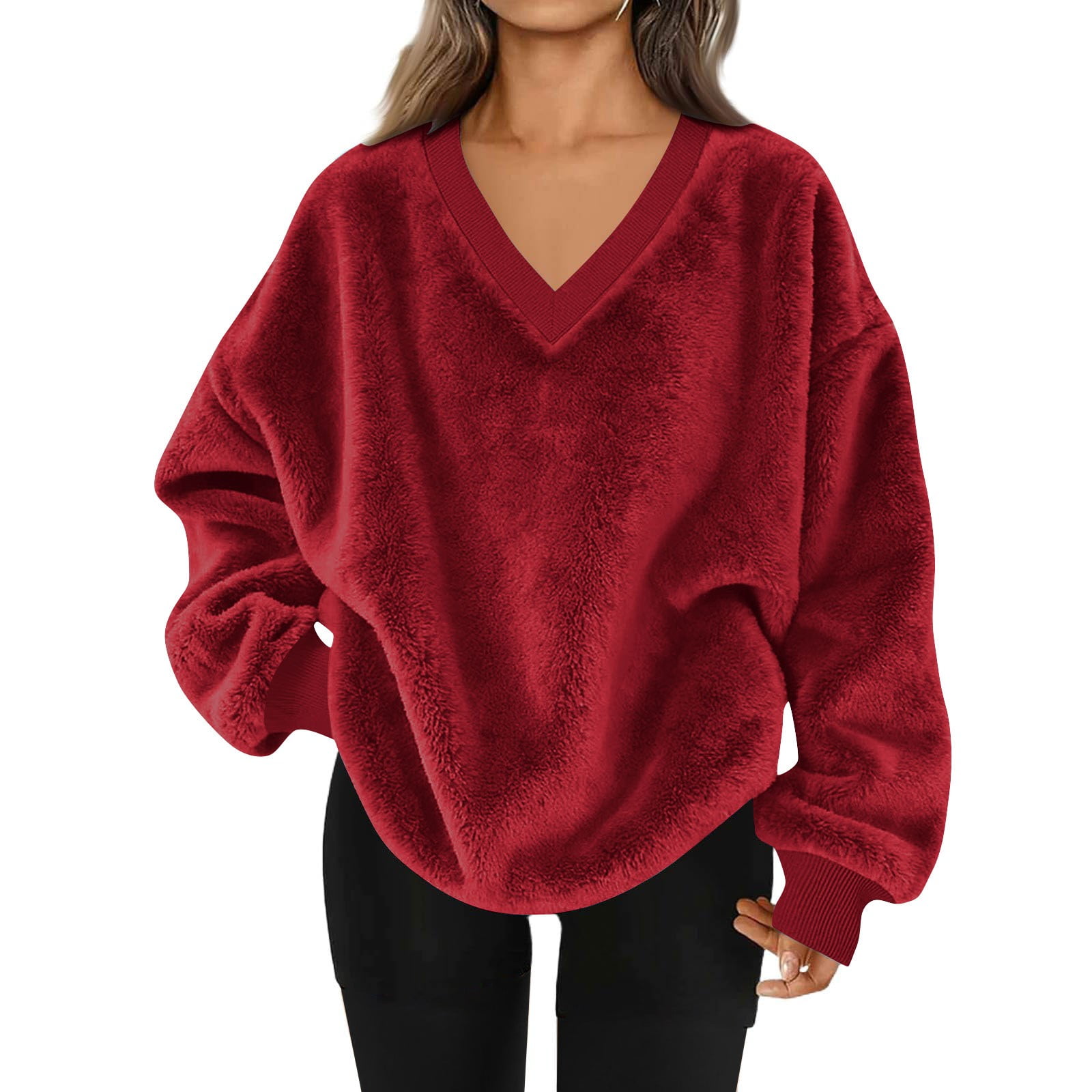 Fuzzy Sweater for Women Fluffy Sherpa Fleece Pullover Sweaters Long ...