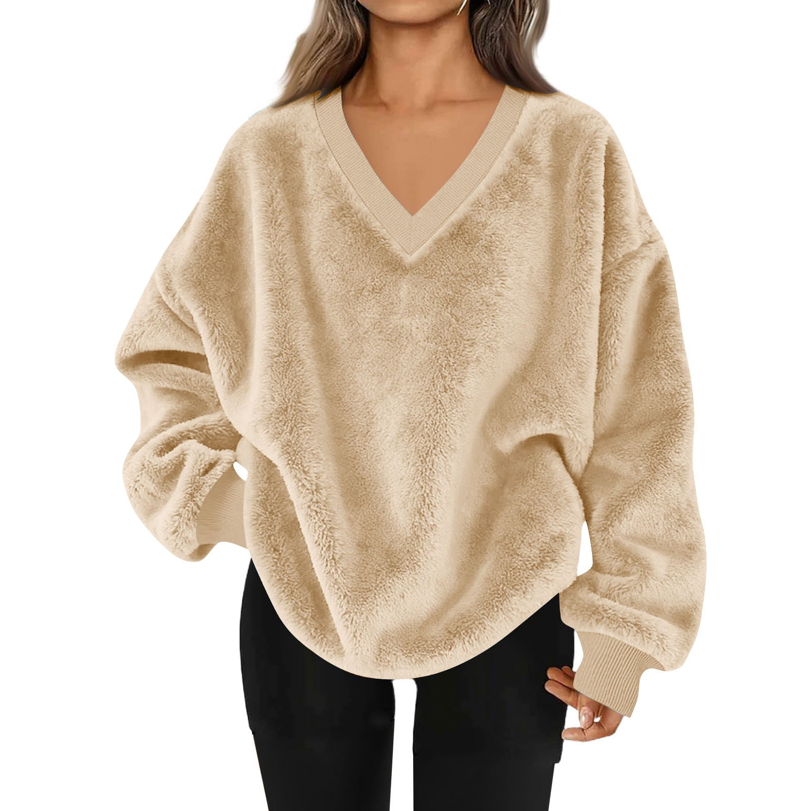 Fuzzy Sweater for Women Fluffy Sherpa Fleece Pullover Sweaters Long ...