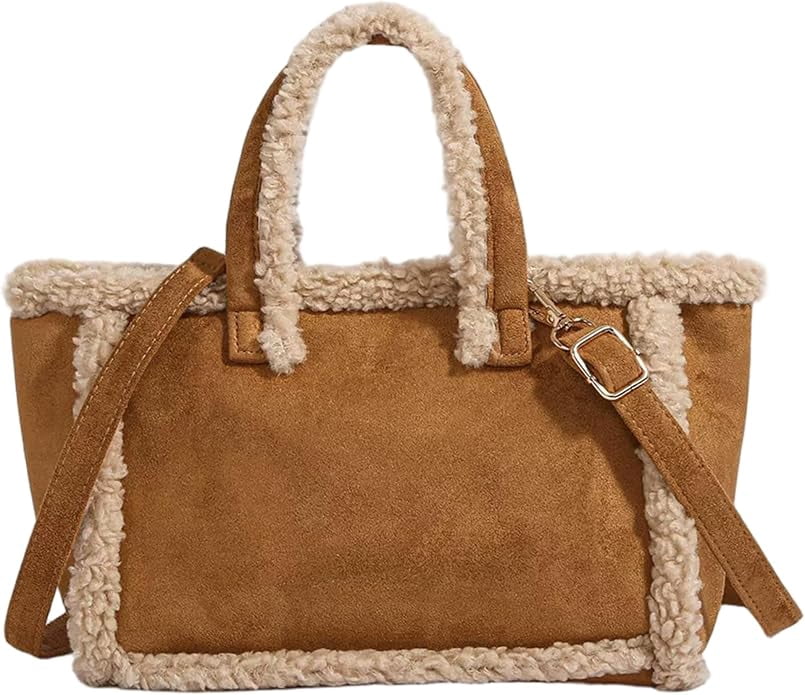 Fuzzy Tote Bag, Brown Suede Bag for Women Vintage Large Handbag with ...