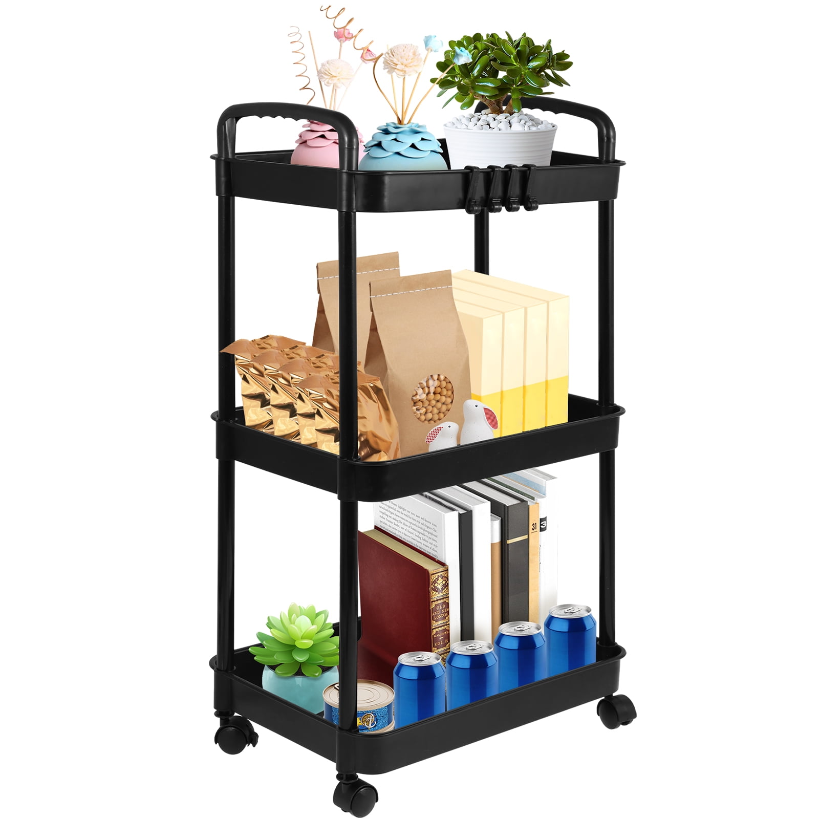 Fvkrnyz 3-Tier Rolling Utility Cart with Wheels,Plastic Utility Rolling ...